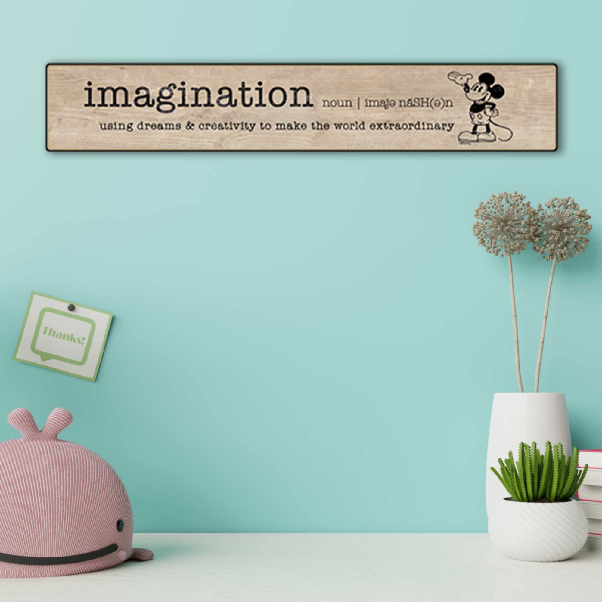 Open Road Brands Disney Mickey Mouse Imagination Definition Wood Plank Wall Decor - Inspirational Mickey Mouse Wall Art for Home Decorating