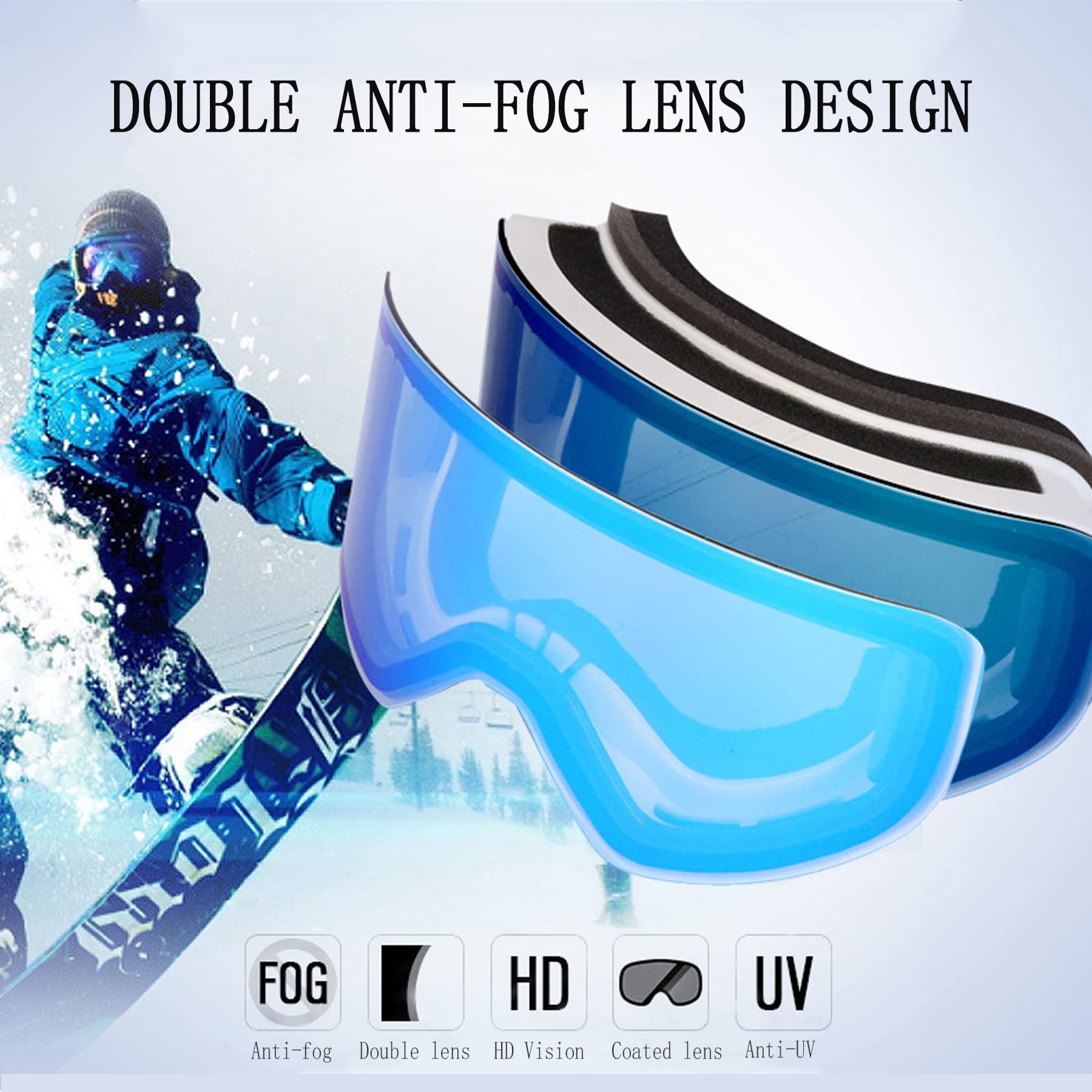 Ski Goggles - Snowboard Snow Goggles for Men, Women & Youth,100% UV Protection (color, blue)