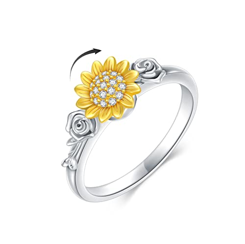PROESS Sunflower Fidget Ring for Women Girls You Are My Sunshine Statement Ring Sterling Silver Rose Sunflower Jewelry Size 6-8 (6#)