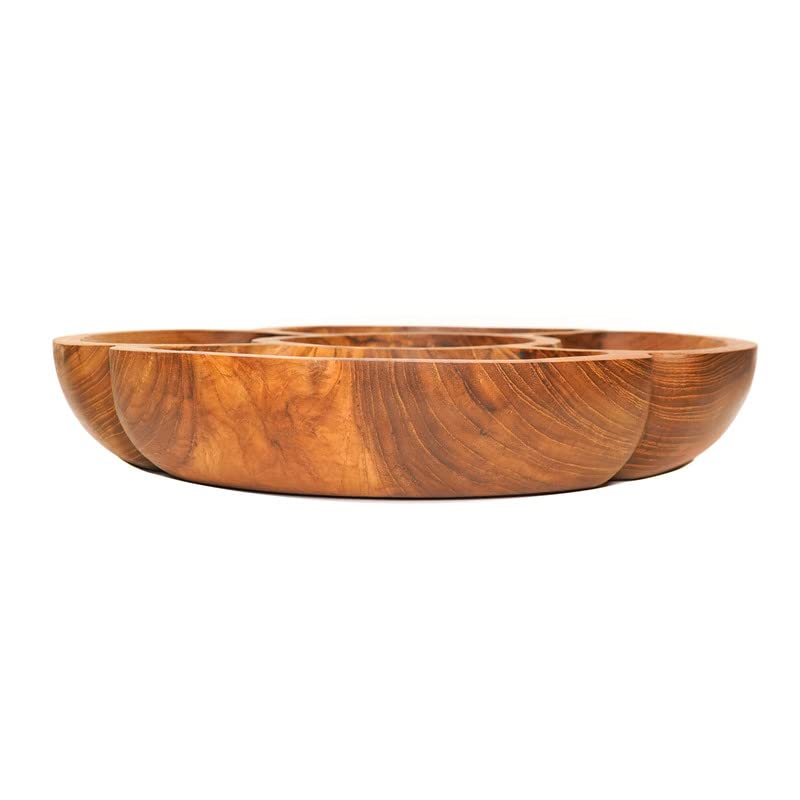 Rainforest Bowls Huge 16" Javanese Teak Wood Chip & Dip Divided Serving Set Platter- Ultra-Durable, Heirloom Piece Lasts a Lifetime- Exclusive Luxury Custom Design Handcrafted by Indonesian Artisans