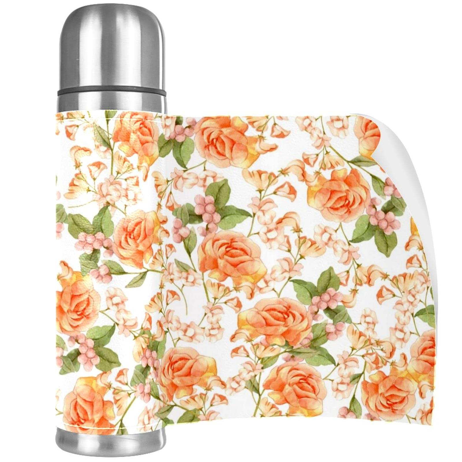 Stainless Steel Leather Vacuum Insulated Mug Flower Thermos Water Bottle for Hot and Cold Drinks Kids Adults 16 Oz