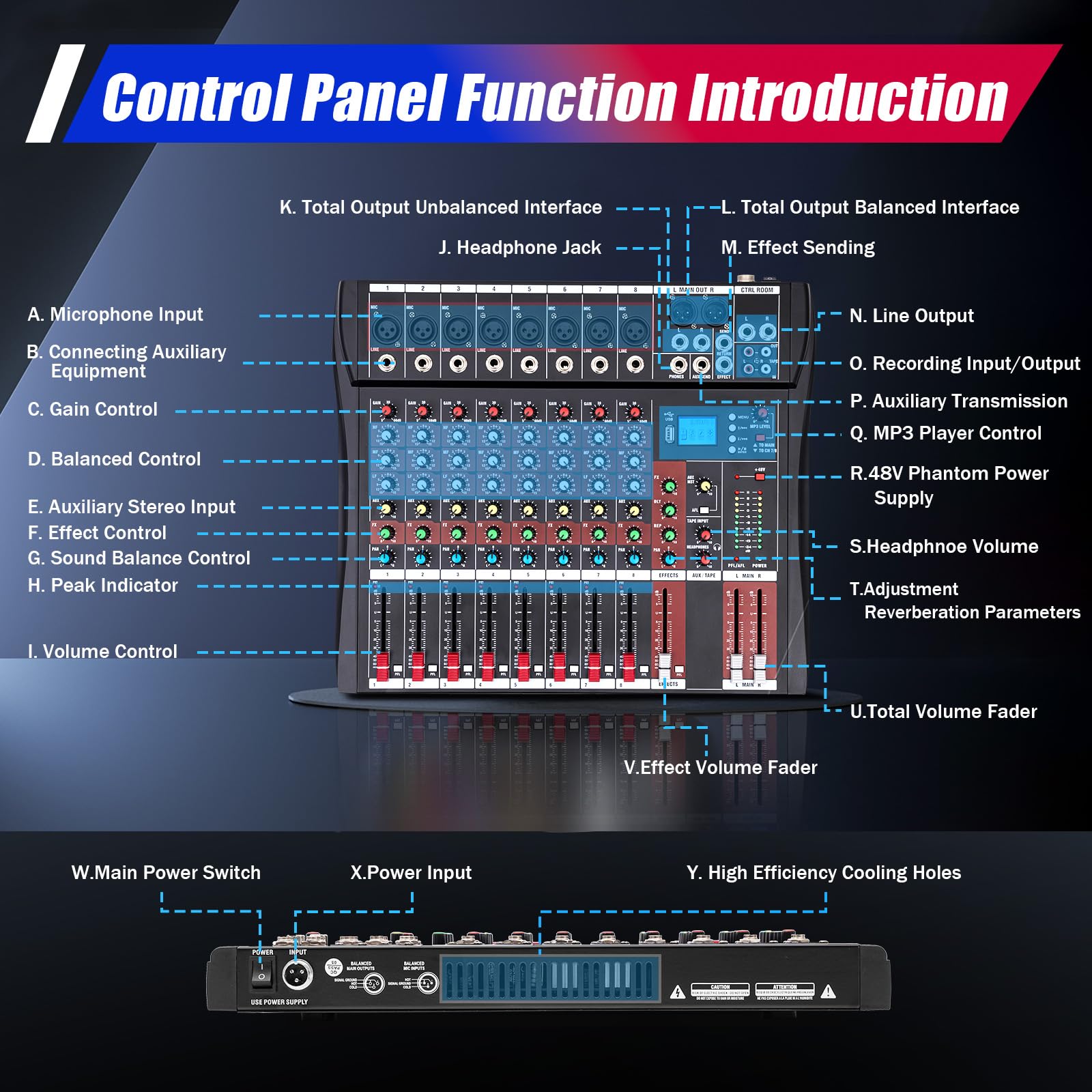 Professional Audio Mixer Sound Board Console USB bluetooth Audio Mixer DJ Live Mixing Console Dedicated Stereo 2-Track Bluetooth Live Studio Mixing Console Board(8 Channel)