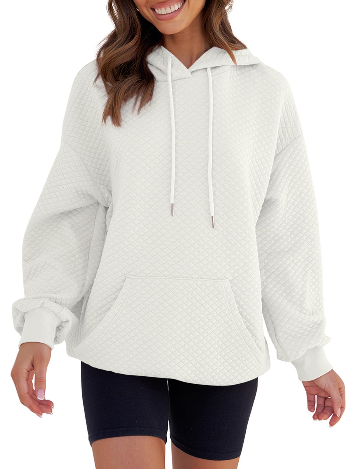 MEROKEETY Sweatshirt for Women Y2K Workout Hoodies Slouchy Solid Color Fall Winter Trendy Outfits, White, L