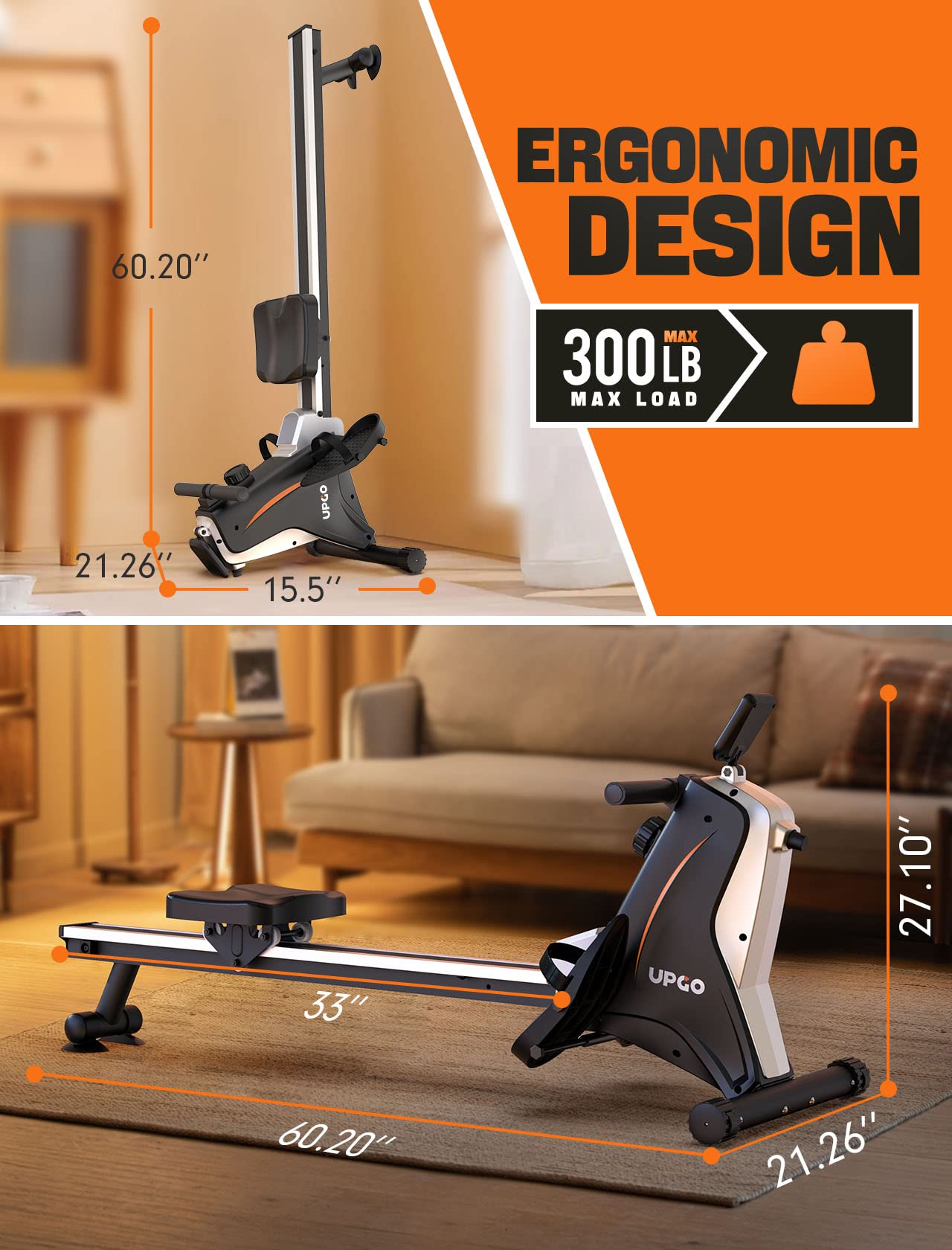 UPGO New Rowing Machine for Home Use, Rower with 8 Level Adjustable Quiet Magnetic Resistance, Ergonomic Seat & LCD Monitor, 300 LB Weight Capacity