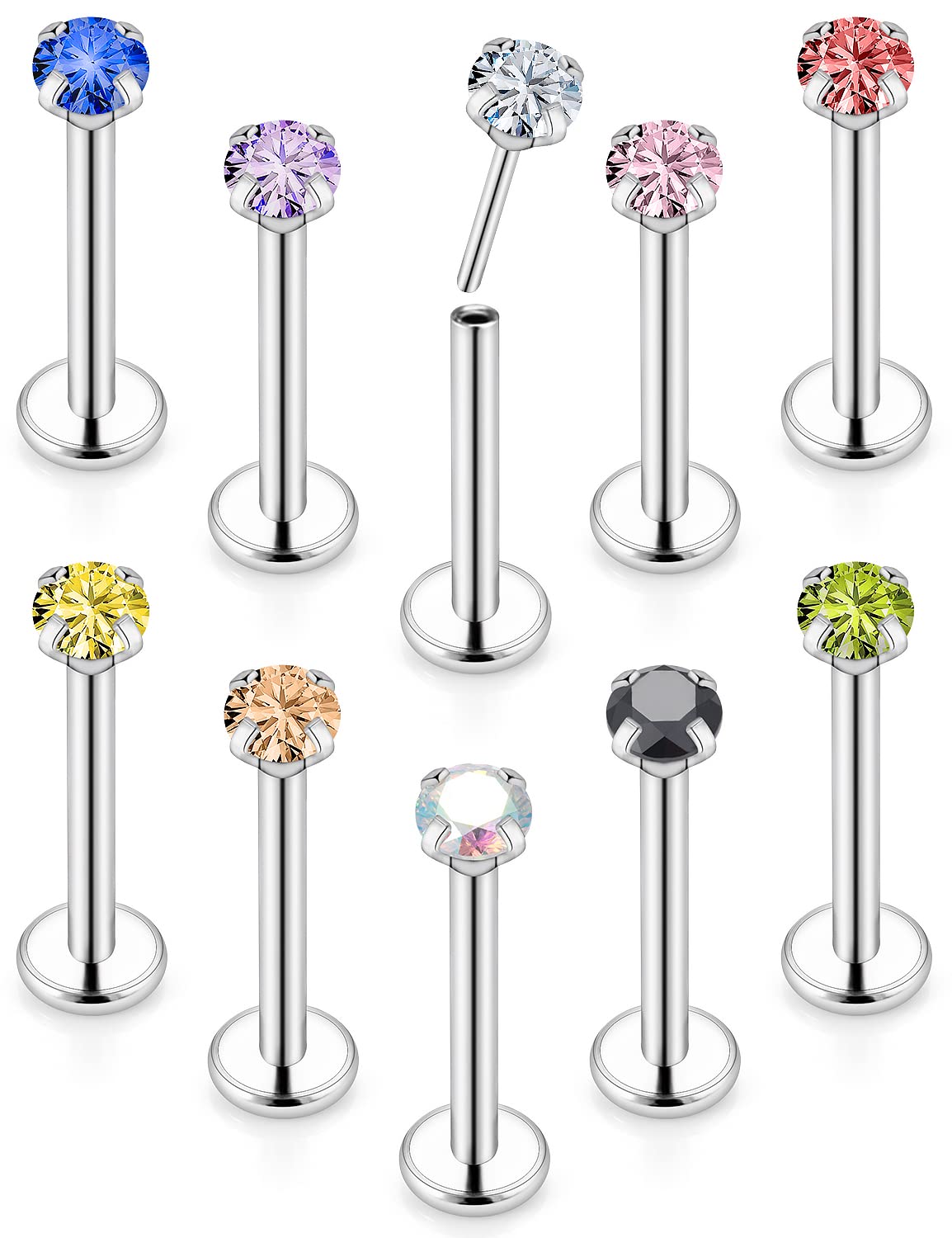 Vsnnsns 18G Threadless Push in Lip Rings Stainless Surgical Steel Labret Monroe Lip Rings Nail Cartilage Tragus Helix Earrings Studs Nose Ring Medusa Piercing Jewelry For Women Men 3mm Mix Color CZ