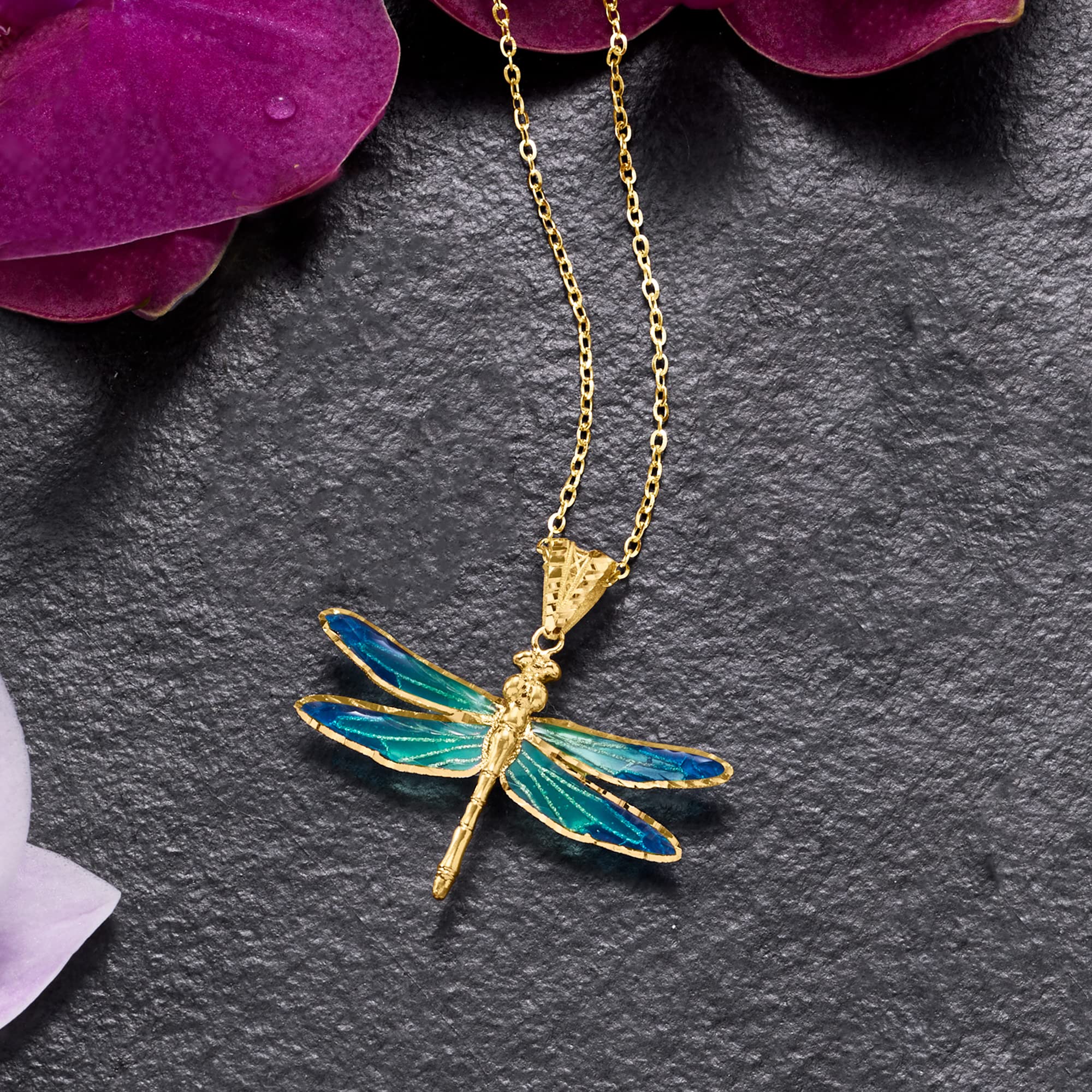 Ross-Simons Italian Blue Enamel and 18kt Yellow Gold Dragonfly Pendant Necklace. 20 inches