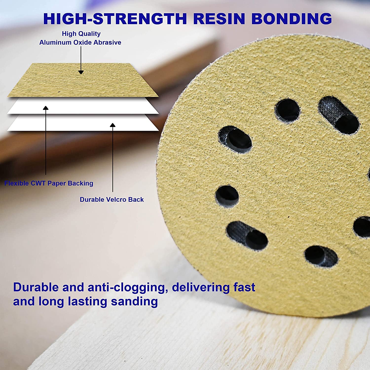 PLATINUMEDGE 5 Inch 8 Hole Gold Sanding Discs Hook and Loop Sanding Discs for Random Orbital Sander,60/80/100/120/150/220 Grits Assorted Grits Sandpaper - 120 Pack