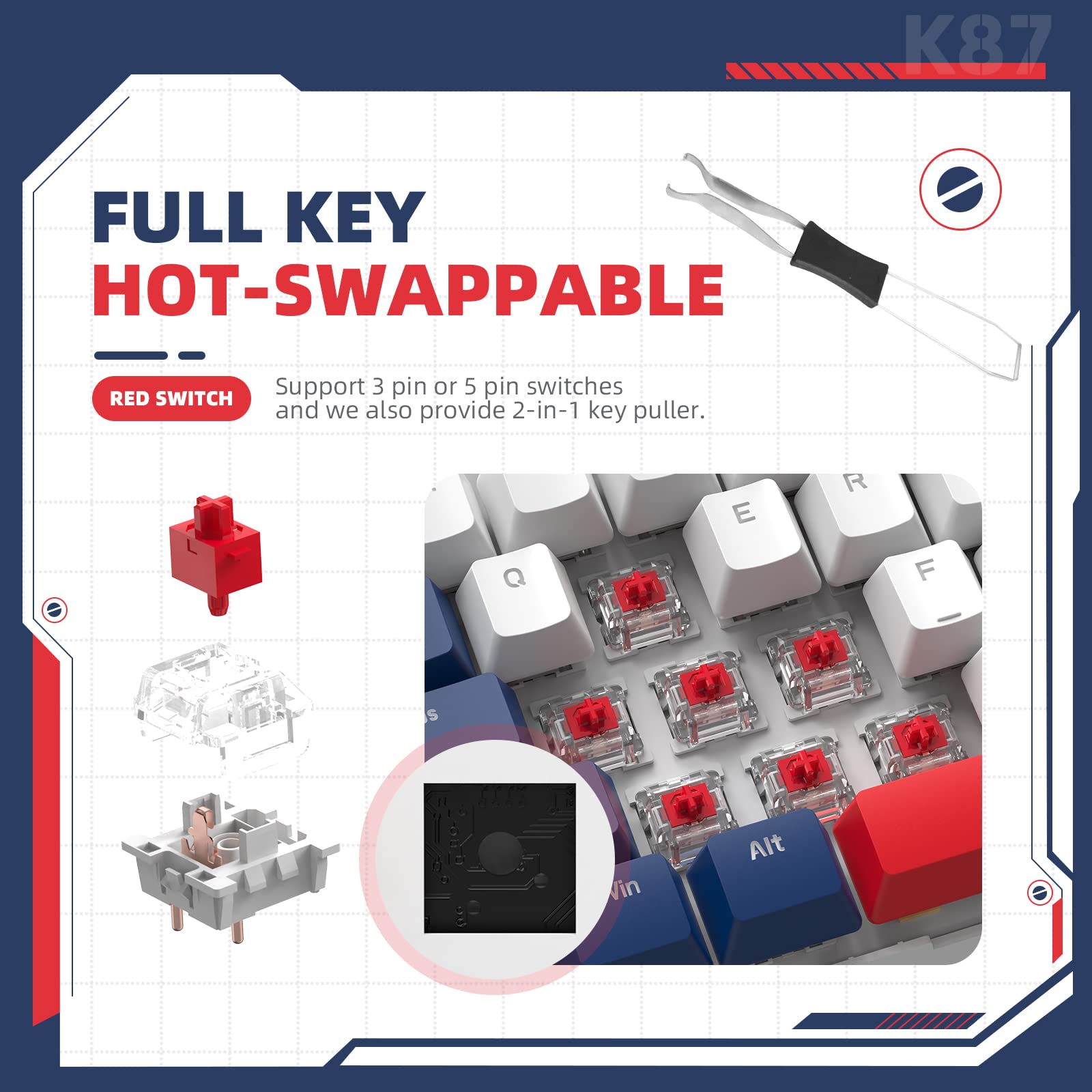 ZIYOU LANG Wireless Gaming Mechanical Keyboard,RGB Backlit 87 Keys Hot Swappable Custom Keyboard, Gasket Structure Triple Mode 2.4Ghz/BT 5.0/Wired Rechargeable Keyboard, Red Switch