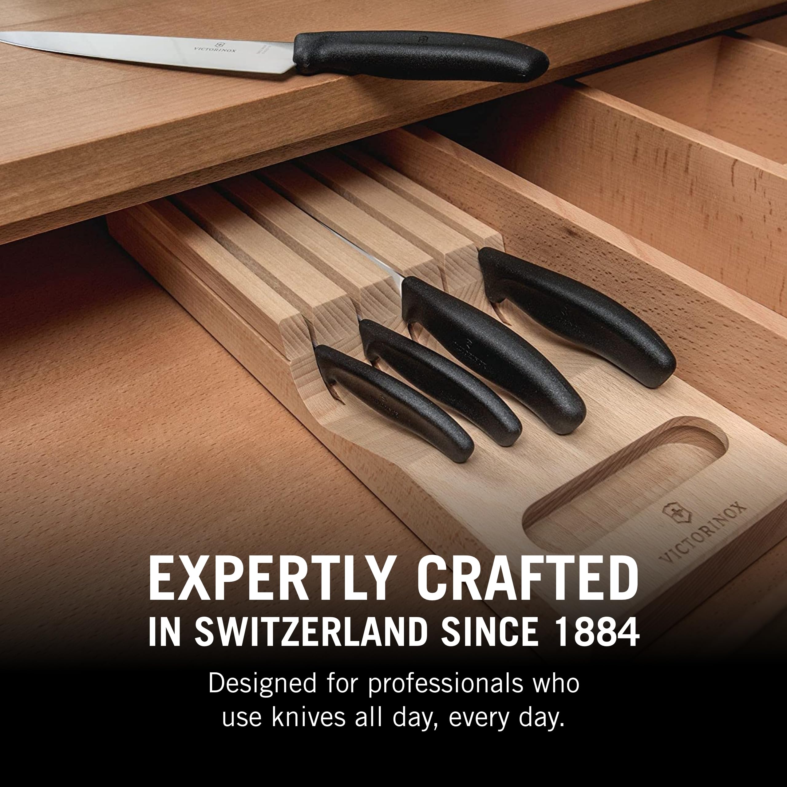Victorinox Swiss Classic In-Drawer Knife Holder & Knife Set - Includes Knife Organizer, Bread Knife, Santoku Knife, Carving Knife, Paring Knife & Tomato & Table Knife - 6-Piece Set