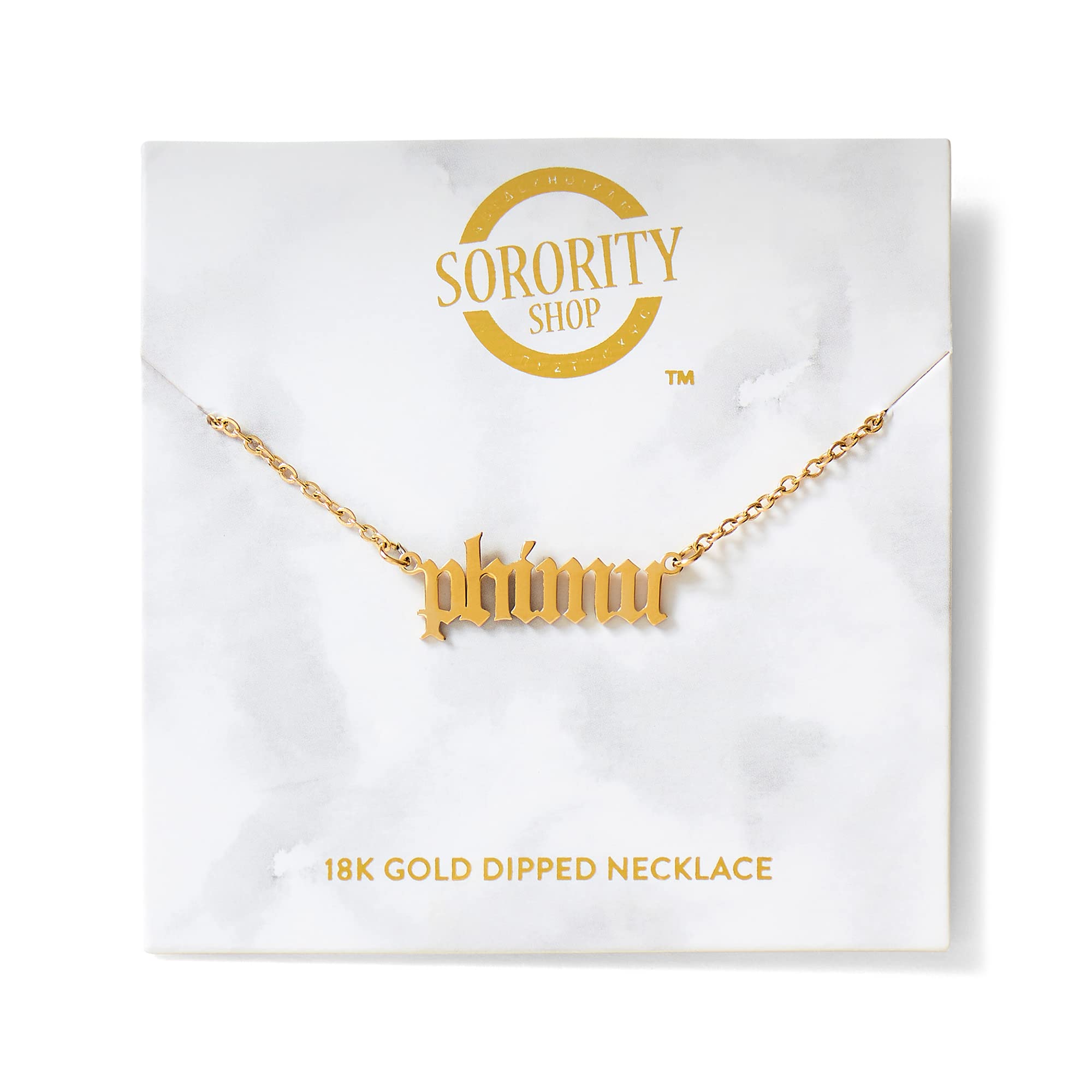 Sorority Shop Phi Mu Necklace β PM Old English Font Design, 18K Gold Plated, Phi Mu Gifts for Women
