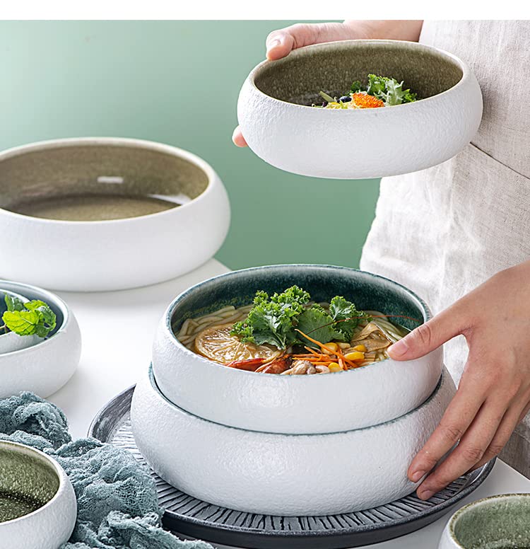 Uaral Salad Bowl Large Serving Bowl 18 Ounce Appetizer Bowls 6.5inch Ceramic Shallow Bowl Set of 4, (White Texture&Green)