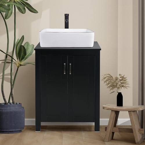 Puluomis 24β Bathroom Vanity Sink Combo Black Cabinet Vanity and White Ceramic Vessel Sink with ORB Faucet & Pop Up Drain