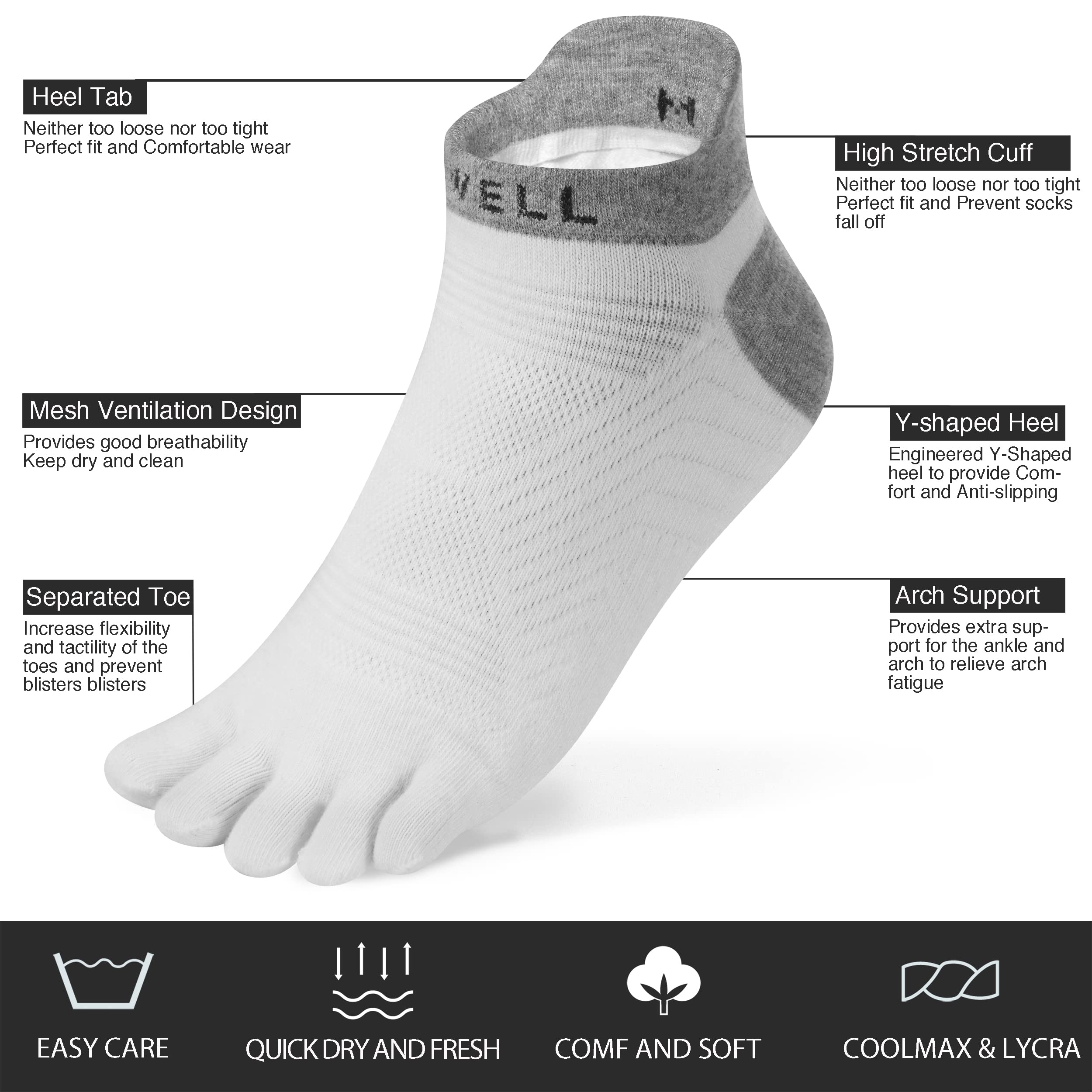 VWELL Cotton Toe Socks Five Finger Socks No Show Crew Athletic Running Socks 4 Pairs,Size 7-11