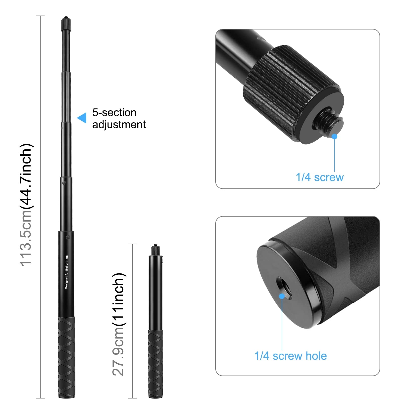 PULUZ Third Person Perspective Motorcycle Bike Handlebar Mount Selfie Stick Pole for Gopro, Insta360, Action Camera Clamp Monopod Stand 11-44.7 inch