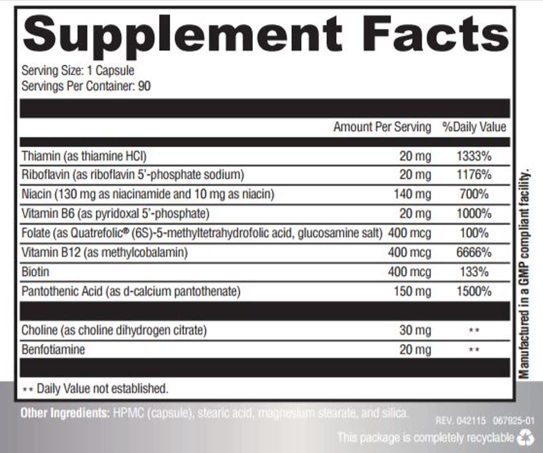 My Wellness Journey Ultimate B-Complex Activated B-Vitamins with Benfotiamine and Quatrefolic- Stress, Neurological and Adrenal Support- Increased Bioavailability- 90 Capsules