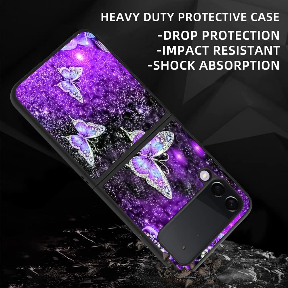 OOK Samsung Galaxy Z Flip 4 Case Glitter Purple Butterfly Nebula Space Design Hard PC+Soft TPU Bumper Anti-Slip Ultra Thin Cover Protective Shockproof Case for Galaxy Z Flip 4 (Purple Butterfly)