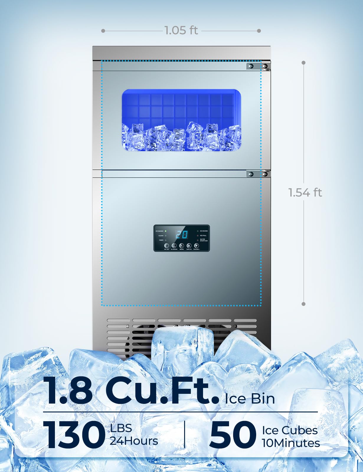 Pro Commercial Ice Maker Machine, 150lbs/24H Under Counter ice Machine with 36lbs Ice Storage Capacity, 50 Ice Cubes Stainless Steel Freestanding Ice Maker, Intelligent Operation, Automatic Cleaning