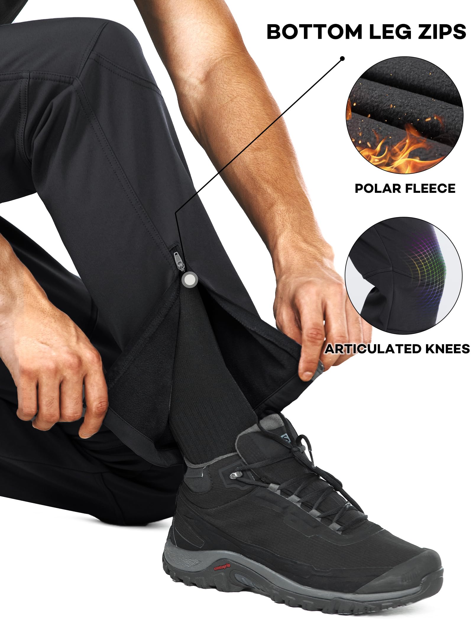 Stlight Mens Snow Ski Water Repellent Softshell Pants for Winter Hiking Fleece Lined Bottom Leg Zipper with 6 Zip Pockets(Black 34W/30L)