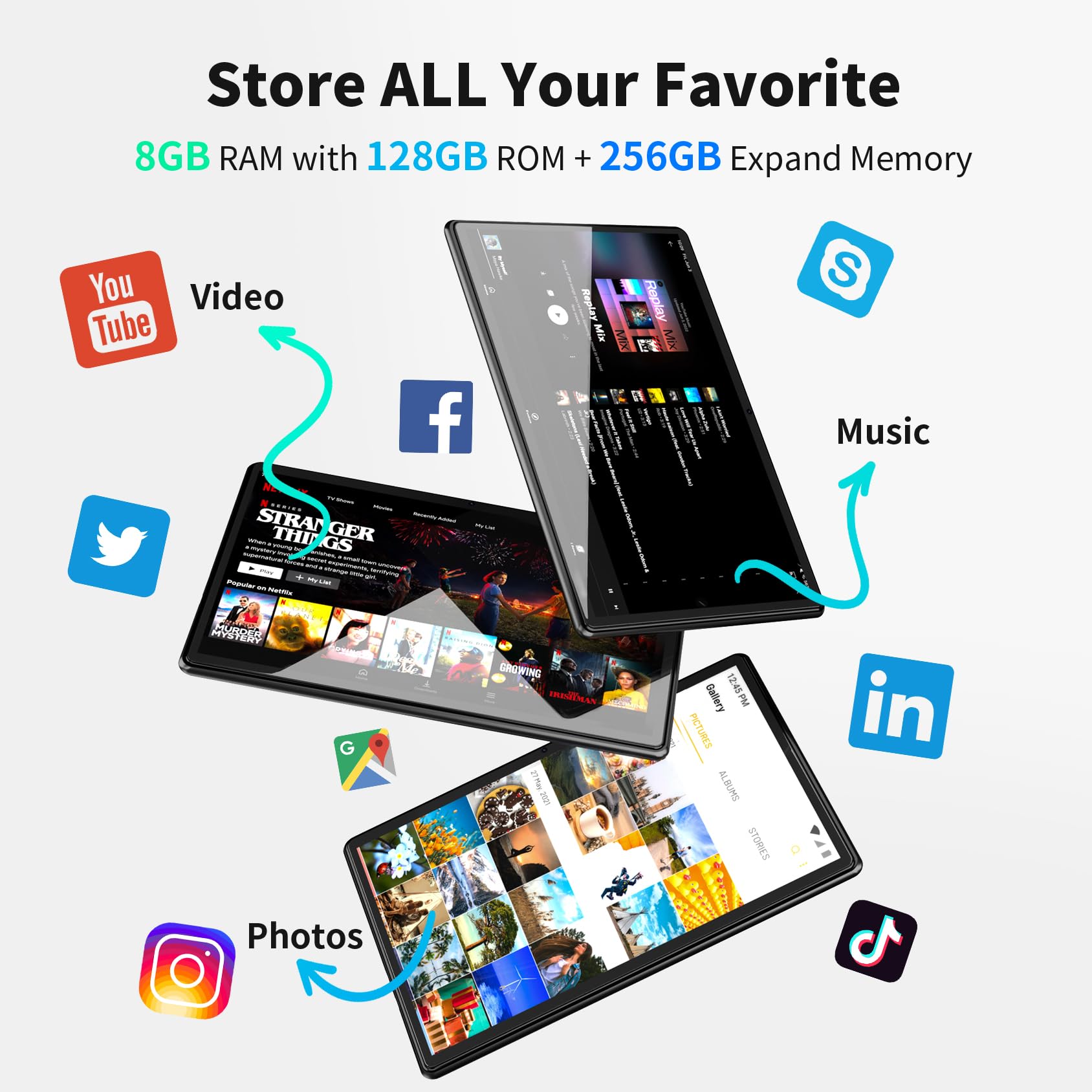 SGIN 10 Inches Tablet, Android 12 Tablet, Octa-Core Processor Tablets with 8GB RAM 128GB ROM, FHD 1280 * 800, 6000mAh, WiFi Bluetooth 5.0, GPS, 5MP+8MP Dual Camera, TF Card 256GB Expansion(Black)