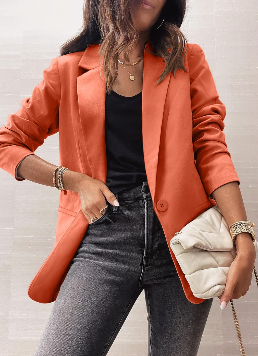 Micticsi Blazers for Women Fashion Casual Blazer Long Sleeve Open Front Office Work Suit Jackets (Orange, Large)