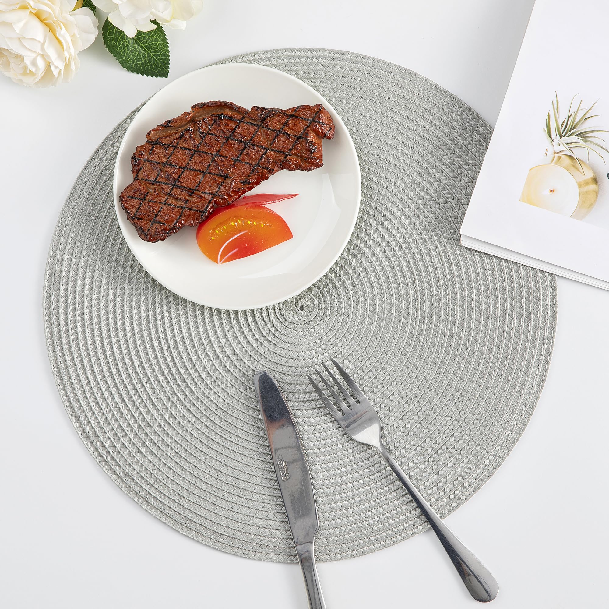 Round Placemats, Crossweave Heat Resistant Classic Woven Round Place Mats Diameter 13.5 inch for Kitchen Table Set of 6 (Light Gray)