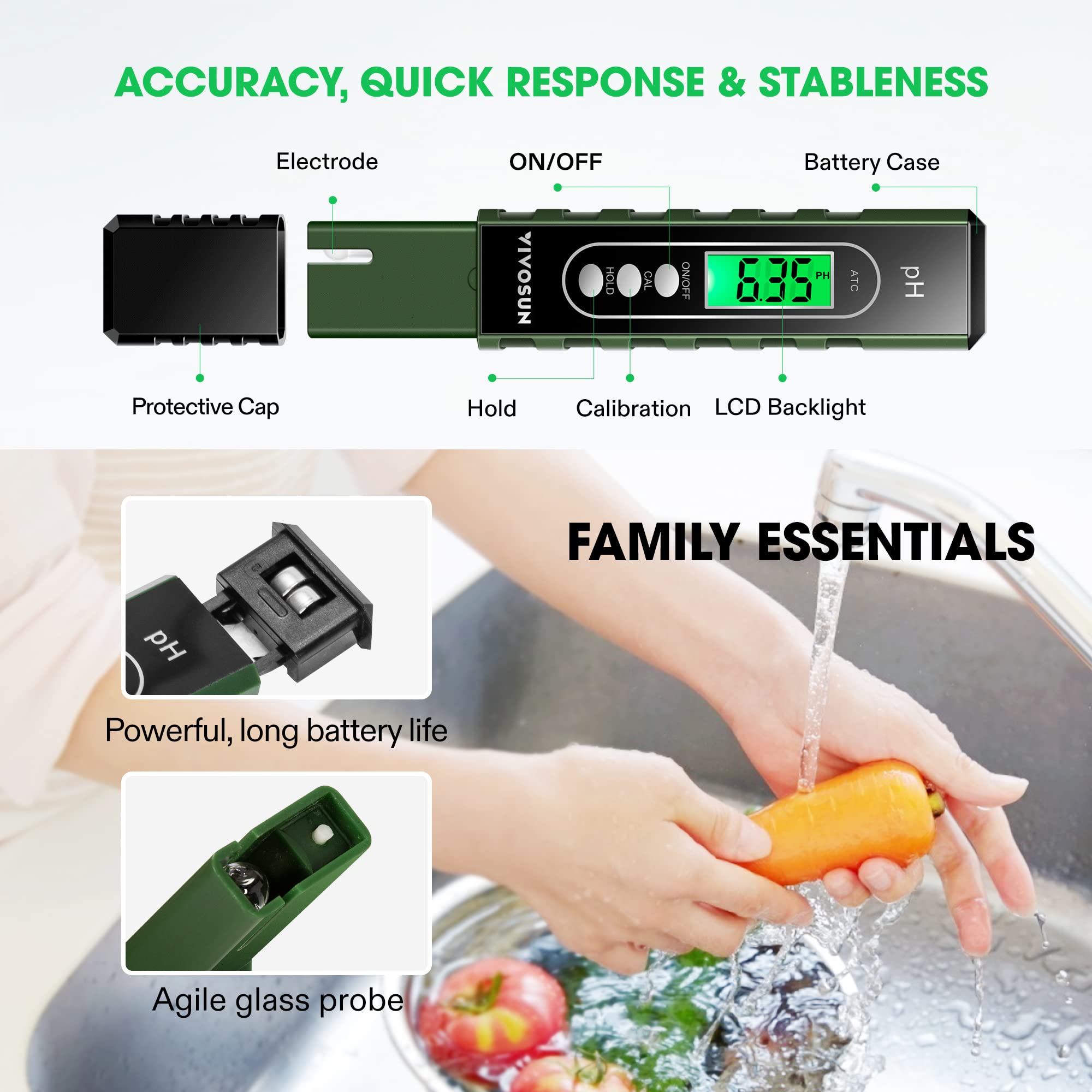 VIVOSUN PH Meter Digital PH Tester Pen, Army Green and TDS Tester 3-in-1 TDS EC & Temperature Meter Ultrahigh Accuracy Digital Water Quality TDS Tester (Blue)