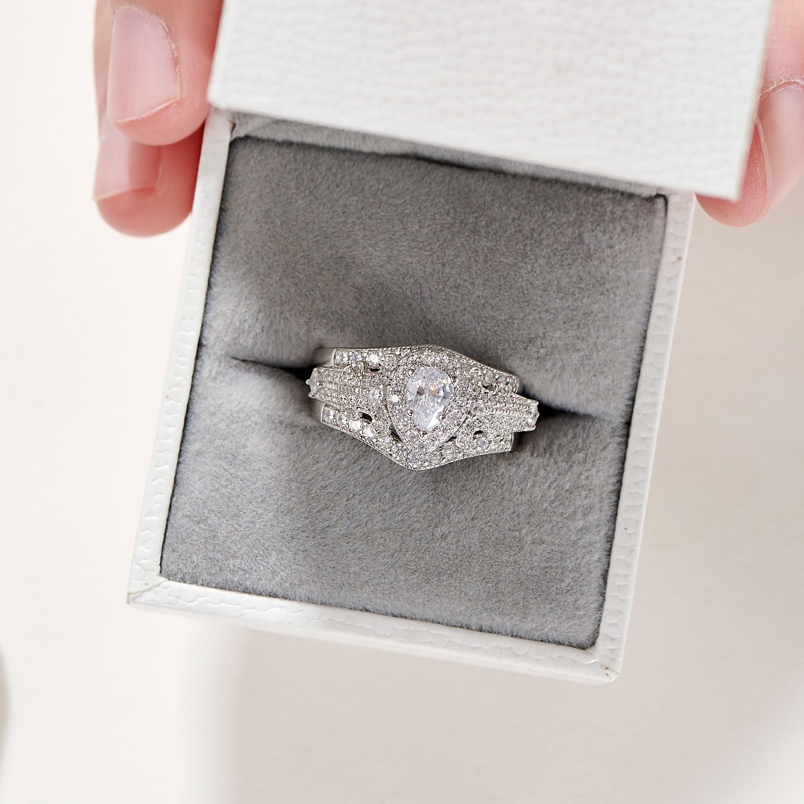 Newshe Wedding Rings for Women 5A Cz Engagement Band 925 Sterling Silver 1.5CT Pear Bridal Sets Size 7