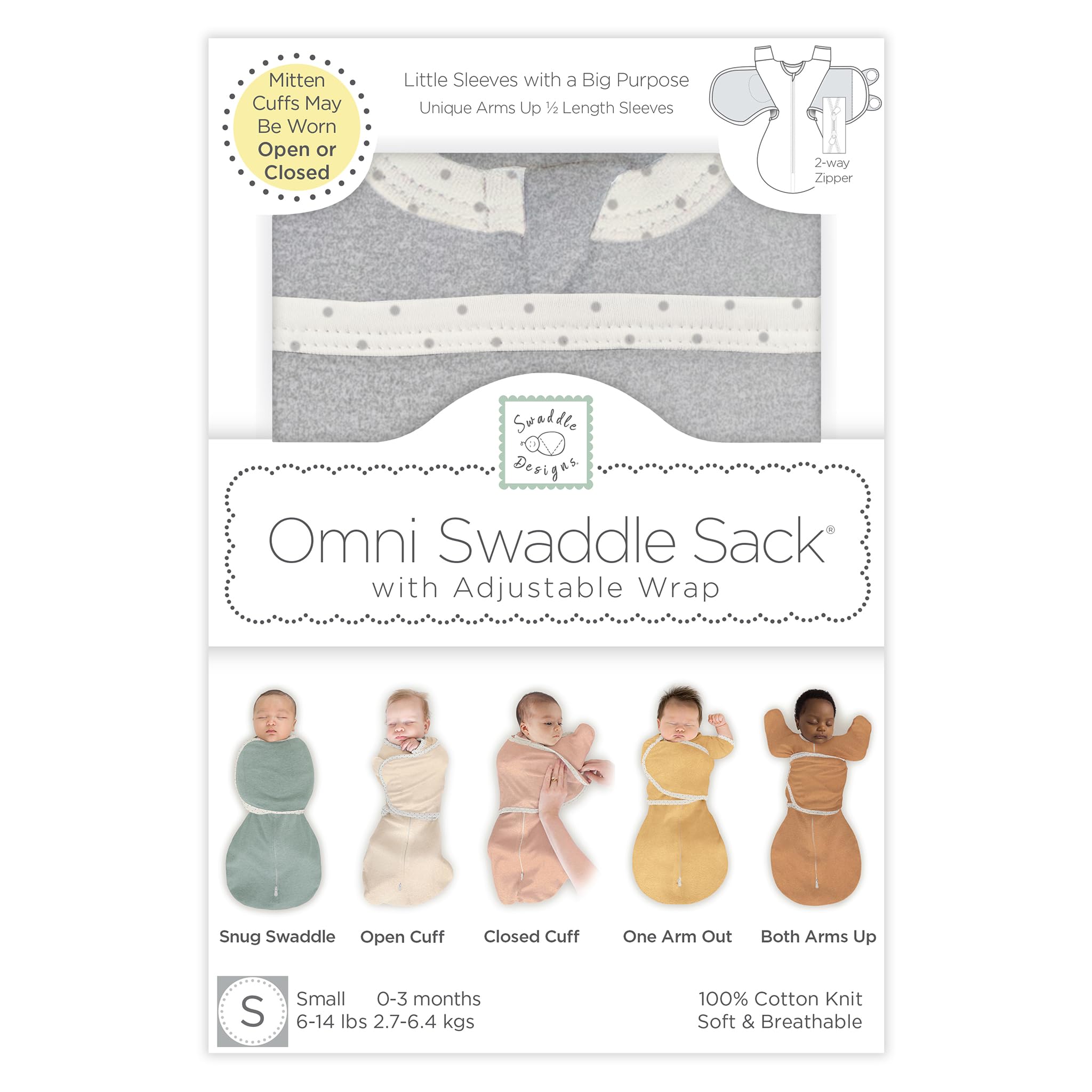 SwaddleDesigns 6-Way Omni Swaddle Sack for Newborn with Wrap & Arms Up Sleeves & Mitten Cuffs, Easy Swaddle Transition, Better Sleep for Baby Boys & Girls, Heathered Gray, Small, 0-3 Months
