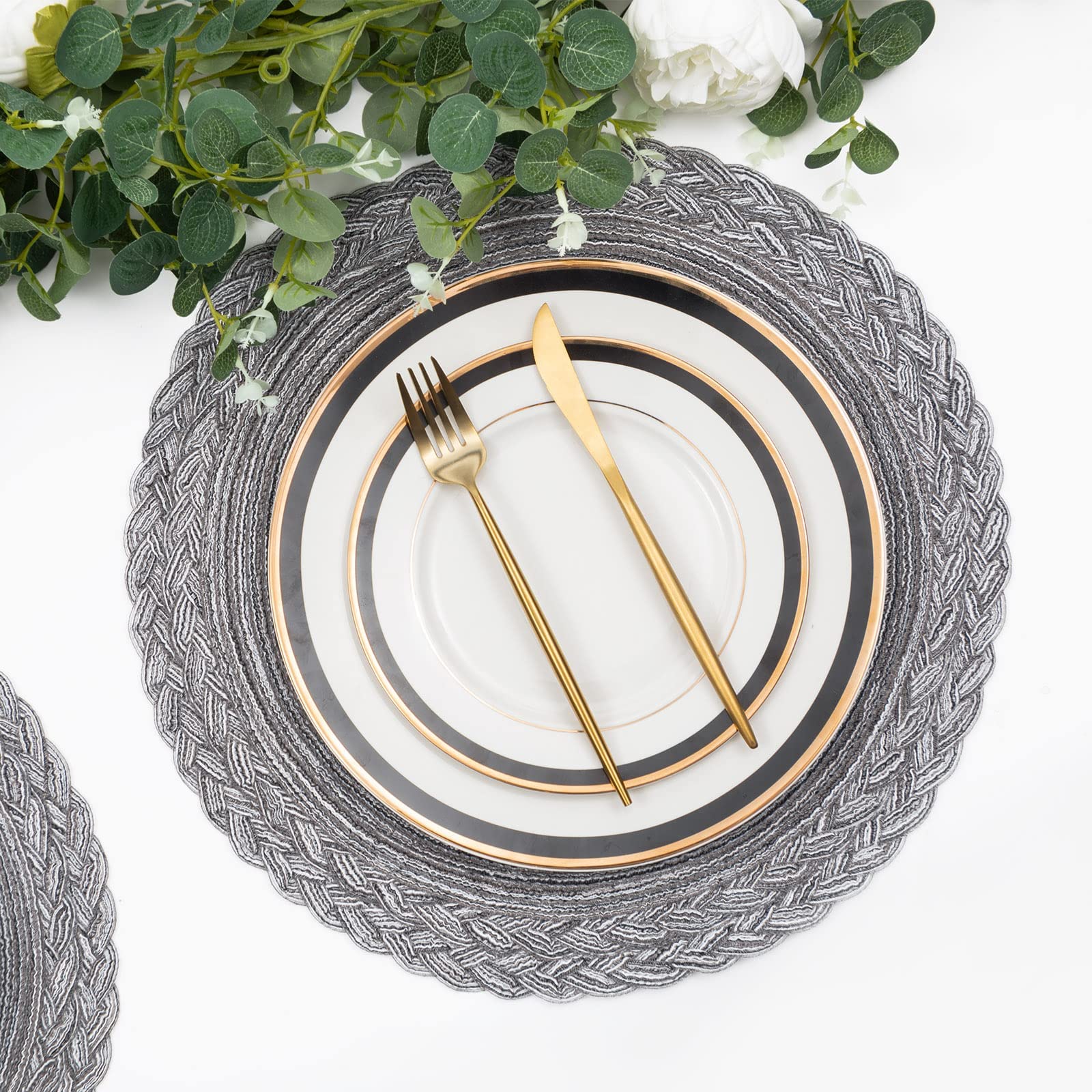 SHACOS Round Placemats Set of 6 Woven Round Table Mats 15 inch Braided Border Washable Cotton Polyester Circle Place Mats, Gray