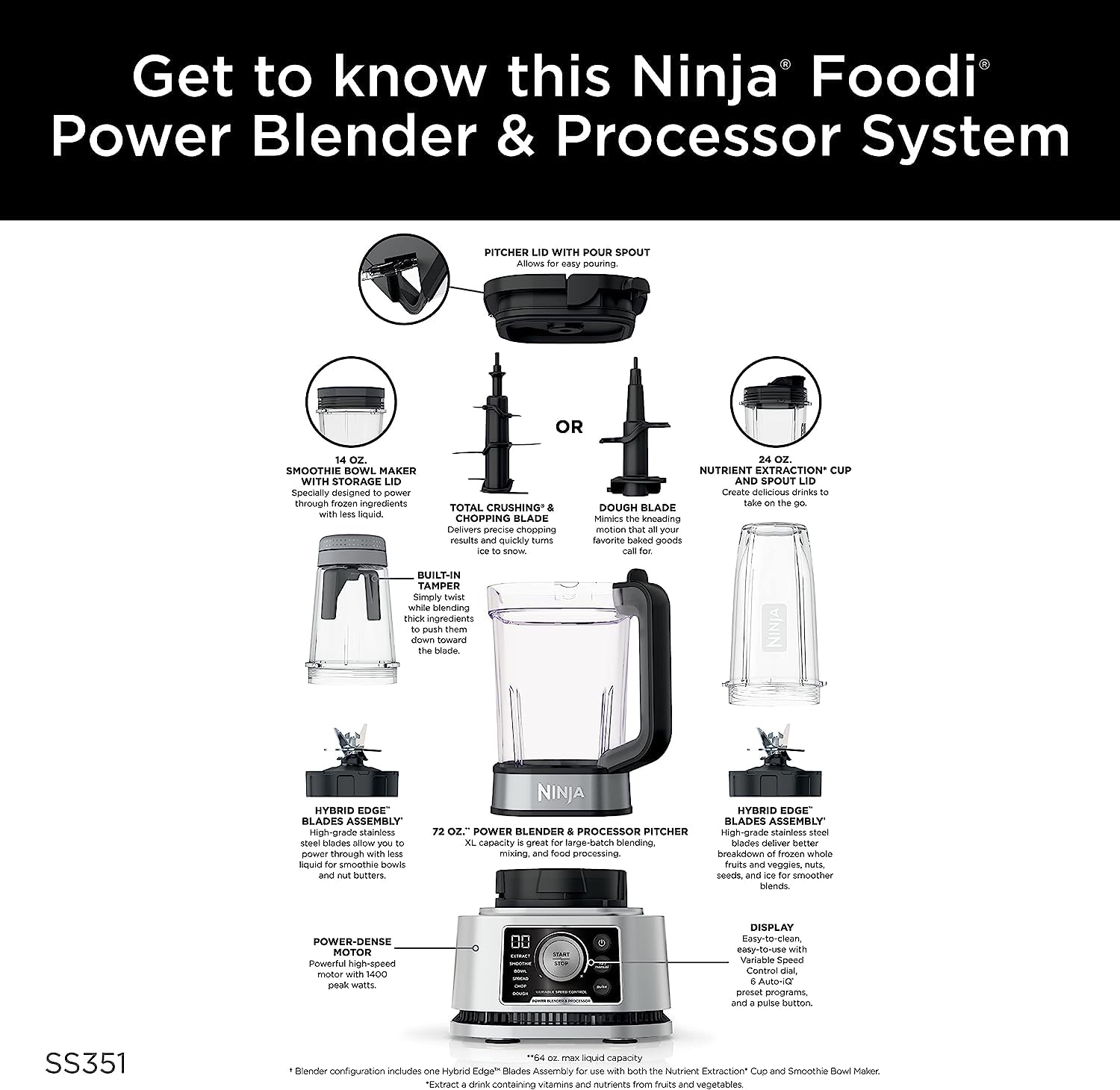 Ninja SS351 Foodi Power Pitcher System, Smoothie Bowl Maker, 4in1 Blender + Food Processor, Single Serve Blender 1400WP smartTORQUE 6 Auto-iQ Presets (Renewed)