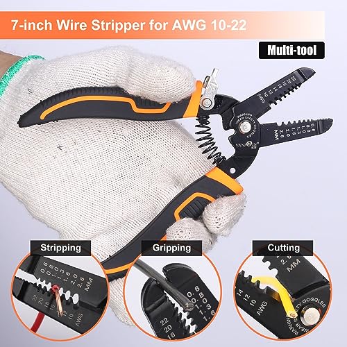 Wire Stripper Cutter Stripping Cutting Pliers, VANJOIN 7 Inch Wire Strippers Cutter, Multi-Functional Steel-made Wire Stripping Cutting Hand Tool for 10-22 AWG (Wire stripper)