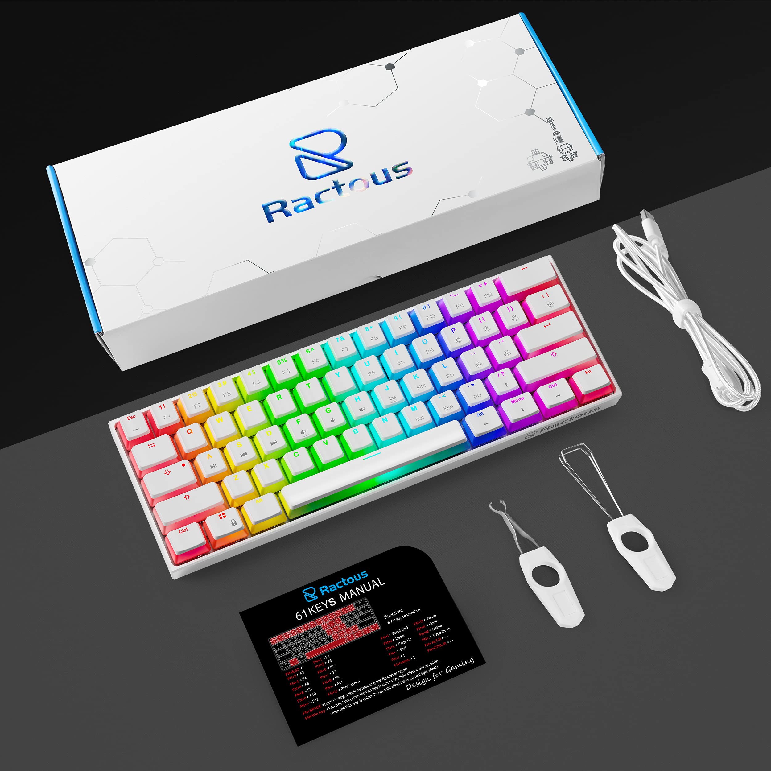 Ractous RTK61 60% Mechanical Gaming Keyboard RGB Backlit PBT Pudding keycaps 61key Ultra-Compact Wired Keyboard Programmable for PC/Mac Gamers,Hot-Swappable Gateron Optical Brown Switch (White)