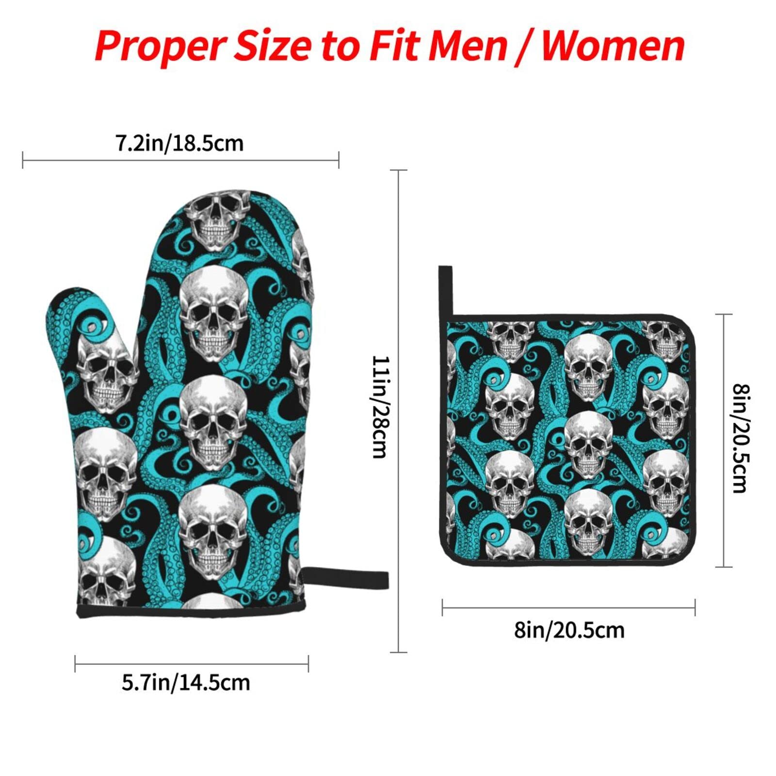 Skull Oven Mitts and Pot Holders 4pcs Sets,Funny Kitchen High Heat Resistant Oven Mitts,with Oven Gloves and Hot Pads Pot Holders for Baking Cooking BBQ Grilling