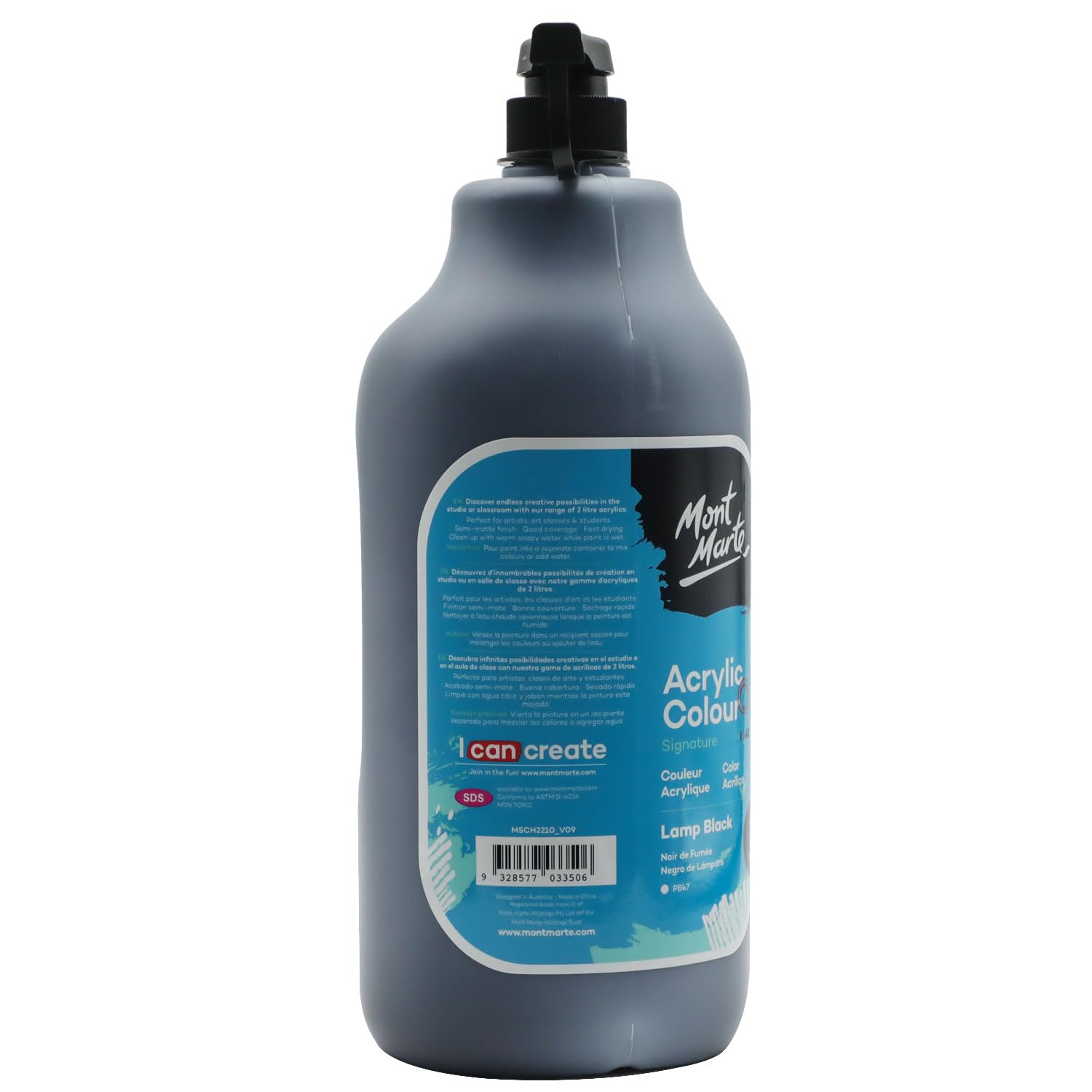 Mont Marte Discovery School Acrylic, Black, 1/2 Gallon (2 Liter). Ideal for Students and Artists. Excellent Coverage and Fast Drying. Pump Lid Included.