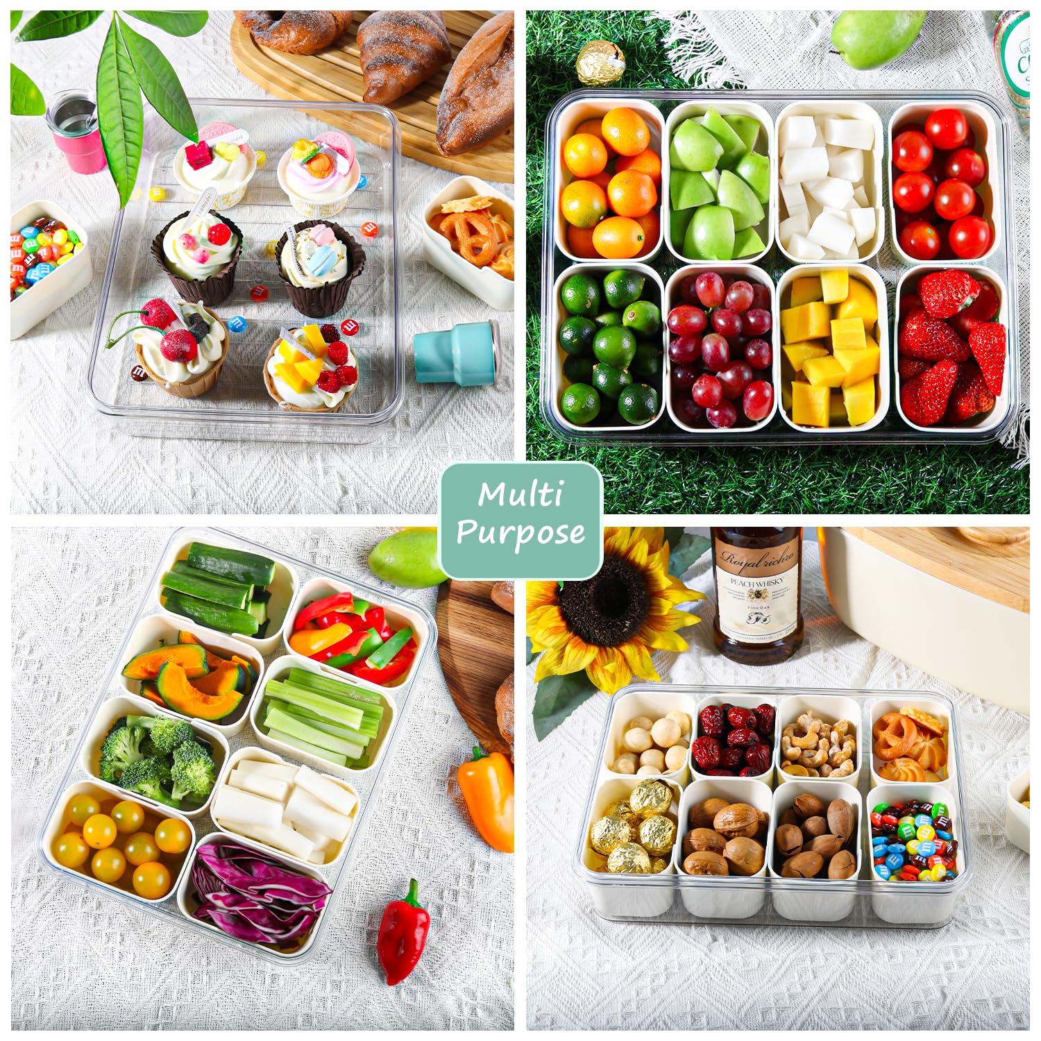 Zonpexe Snackle Box with Handle, Snack Box Container for Candy, Fruits, Nuts, Charcuterie and Veggies, Divided Serving Tray with Lid Perfect for Party and Entertaining, Travel and Beach Essentials