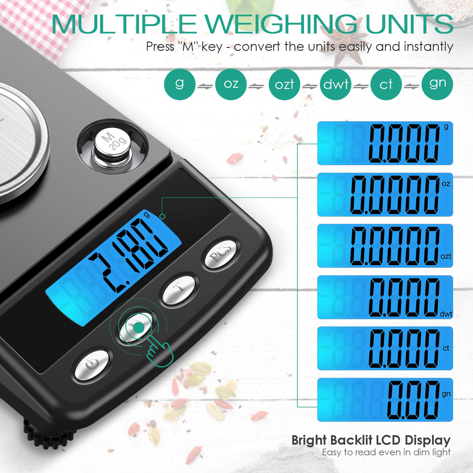 ORIA Digital Pocket Scale, Digital Milligram Scale, 0.001g/ 20g Mini Jewelry Weigh Scales with Calibration Weights Tweezers, Weighing Pans, LCD Display, USB Charging Cable for Kitchen, Office