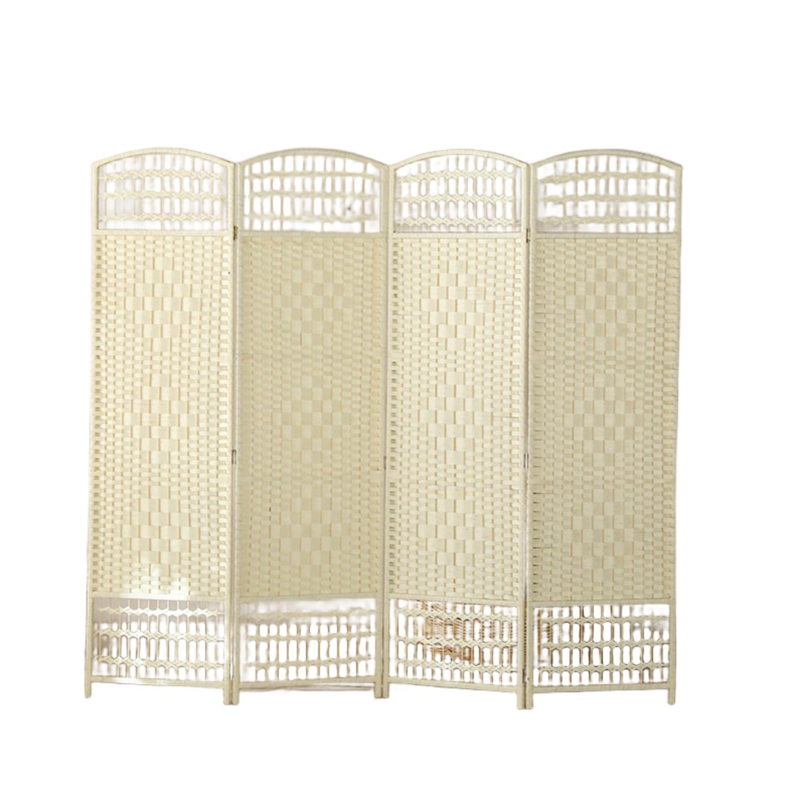 Modern Room Divider Panelsļ¼4 Panel Folding Wooden Privacy Screen, Freestanding Partition Screens for Bedroom Living Room Office (Top and Bottom Hollowed Out Milky White,66.9 * 15.7 in)