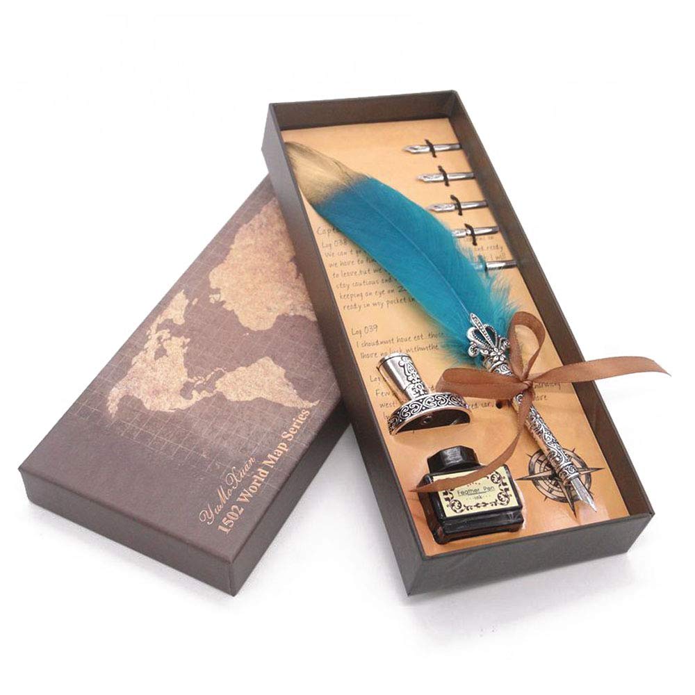 Quill Dip Pen Set Handcrafted Antique Feather Pen Vintage Writing Calligraphy Pen + 5 Replacement Metal Nibs + Pen Holder + Gift Box