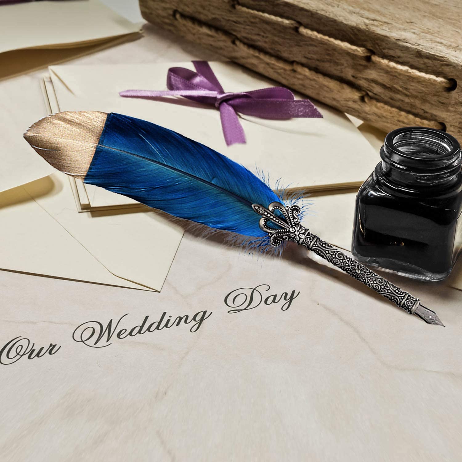 Quill Pen, Handmade Quill Feather Pen Set Antique Calligraphy Writing Quill Pen with Ink, Feather Pen with Ink and Steel Tips Calligraphy Set Quill Pen,6 Replacement Nibs/Contains ink(Navy Blue)1