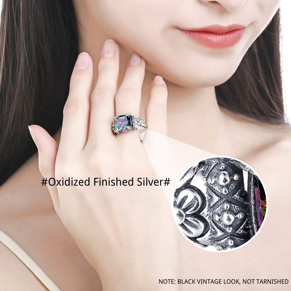 Merthus 10x10mm Princess Cut Simulated Mystic Rainbow Topaz Antique Design Black Oxidized Finish 925 Sterling Silver Floral Band Gemstone Ring for Women Size 7