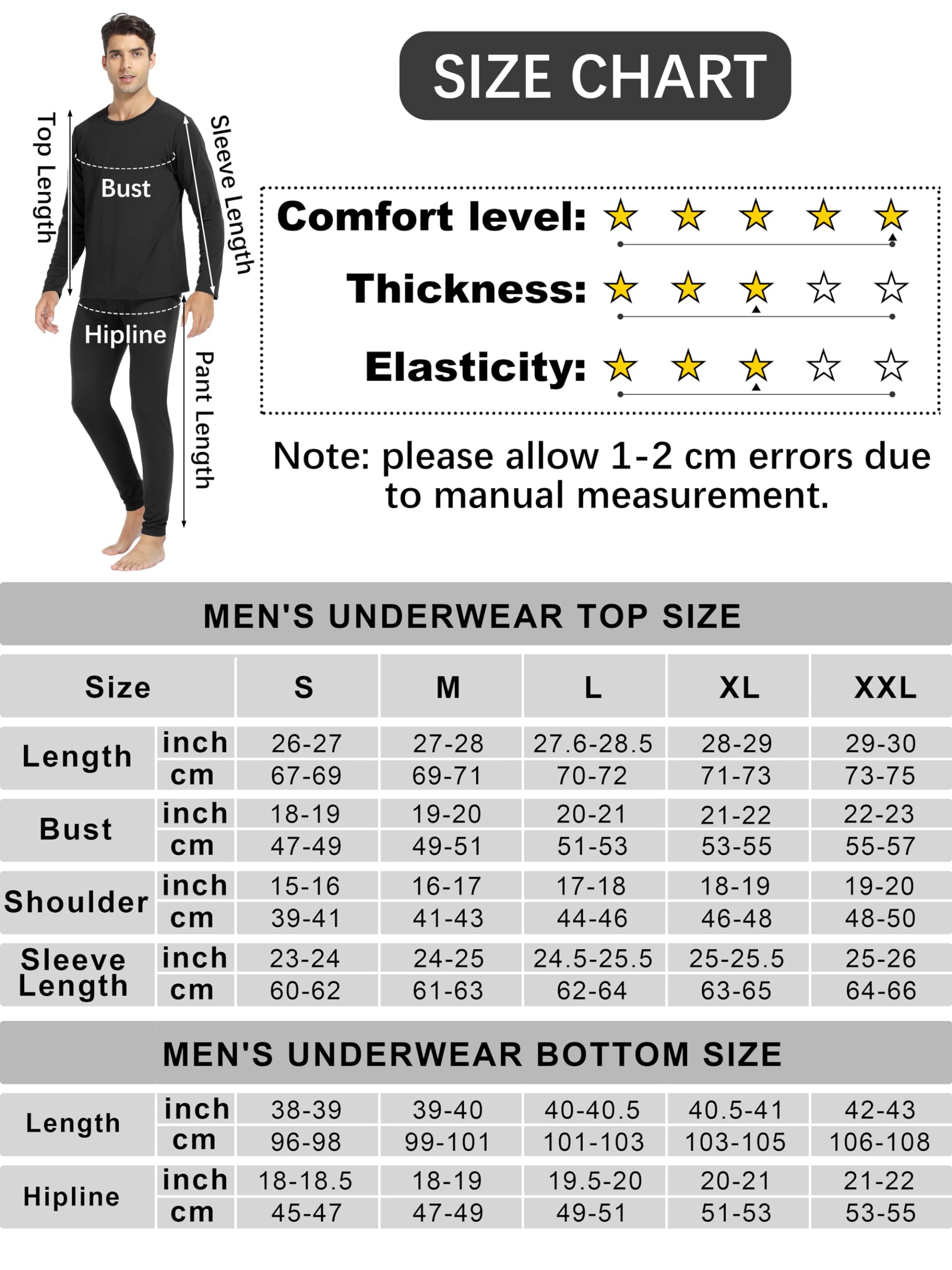 URATOT 2 Sets Men's Thermal Underwear Set Fleece Lined Thermal Underwear Soft Long Johns Top Bottom Set for Men Cold Winter Black