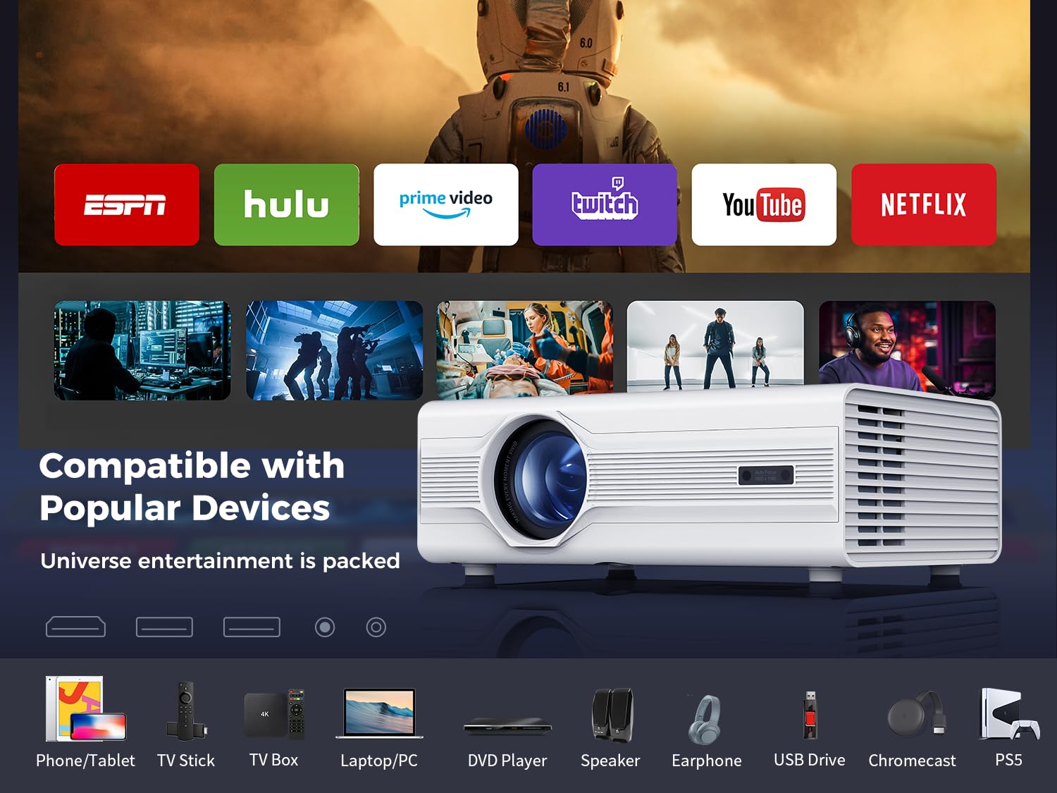 Projector with WiFi and Bluetooth, Projector 4K[Auto Focus/6D Keystone]Native1080P Projectors with 300'' Screen 600 ANSI 4K Supported 50%Zoom, Agreago Outdoor Projector for iOS/Android/TV Stick