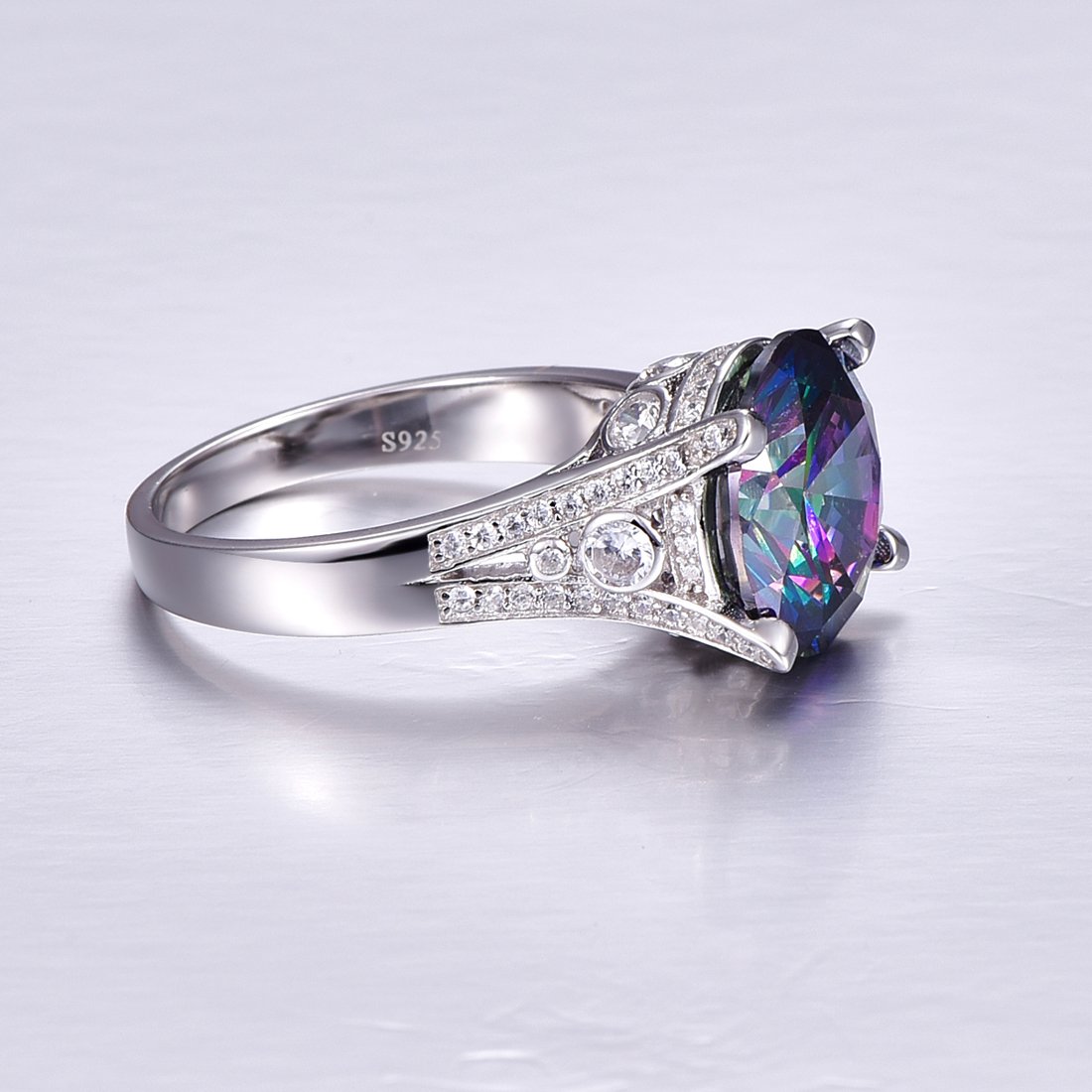 Merthus 12x12mm Round Simulated Mystic Rainbow Topaz 925 Sterling Silver Big Stone Chunky Cocktail Ring for Women Size 7