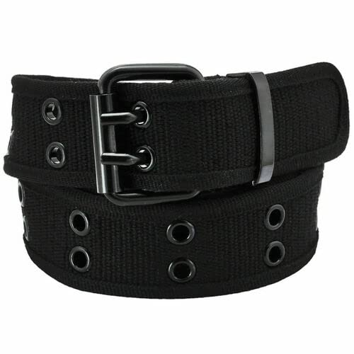 Unisex 100% Cotton Canvas Belt Double Hole For Men Women Buckle Jean (Black, Medium)