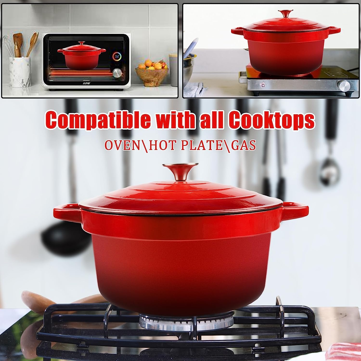 Mckysomd Enameled Cast Iron Dutch Oven, 6 Quart Dutch Oven Pot with Lid,Non-stick Round Dutch Oven for Baking, Braiser, Stewing, Roasting (Red)