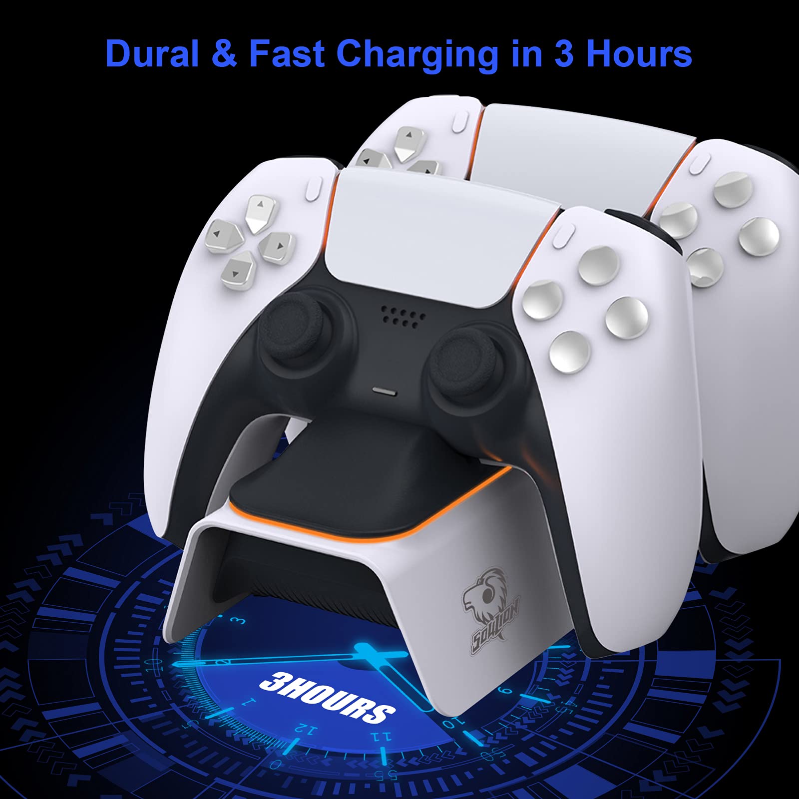 SOULION PS5 Controller Charger Station，Dual PS-5 Charging Station with LED Indicator Safety Chip Protection, Upgraded Type-C Fast Charging Dock Stand for Dualsense PS5 Controllers, White