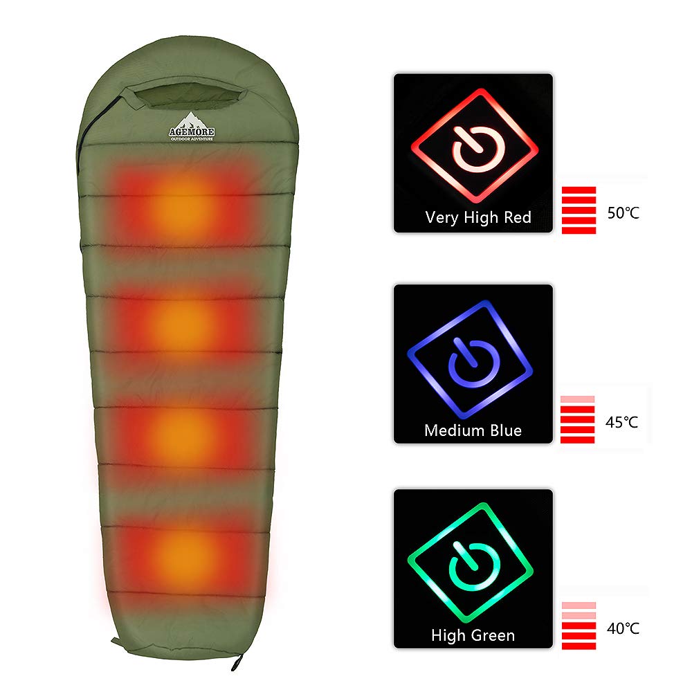 Mummy Sleeping Bag with Composite Fiber Heating Plate, Compression Sack for 3-4 Season Lightweight, Water Resistant & Warm for Camping, Hiking, Traveling and Outdoors(Power Bank NOT Included)