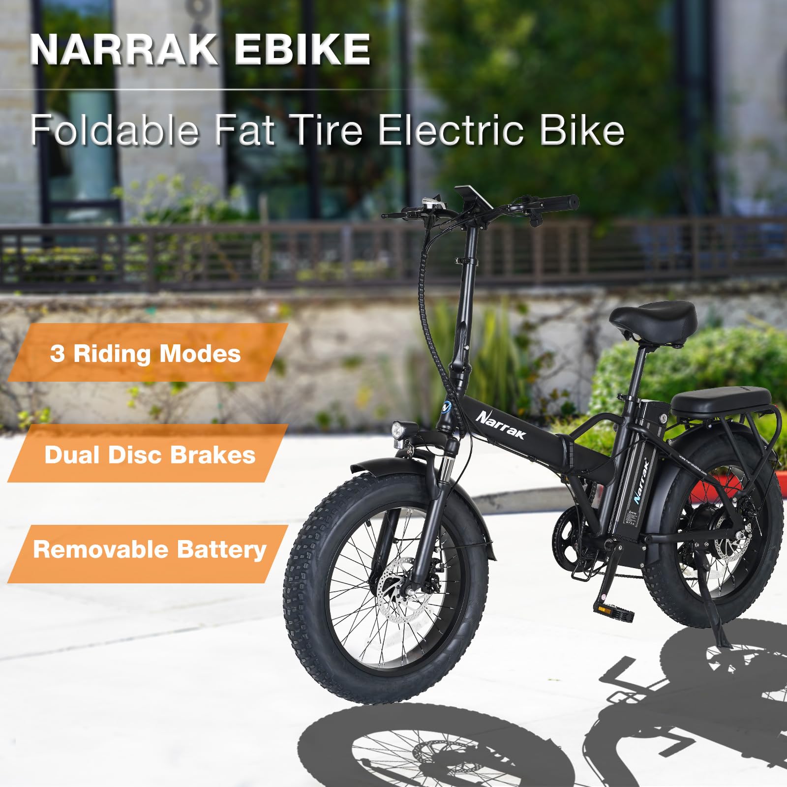 NARRAK Fat Tire Folding Electric Bike 48V 624Wh lithium Removable Battery Peak 1100W Brushless Motor Max Speed 28Mph M5 large LCD Display Suspension Step-Over Frame for Adults (S127-Bk/Or)