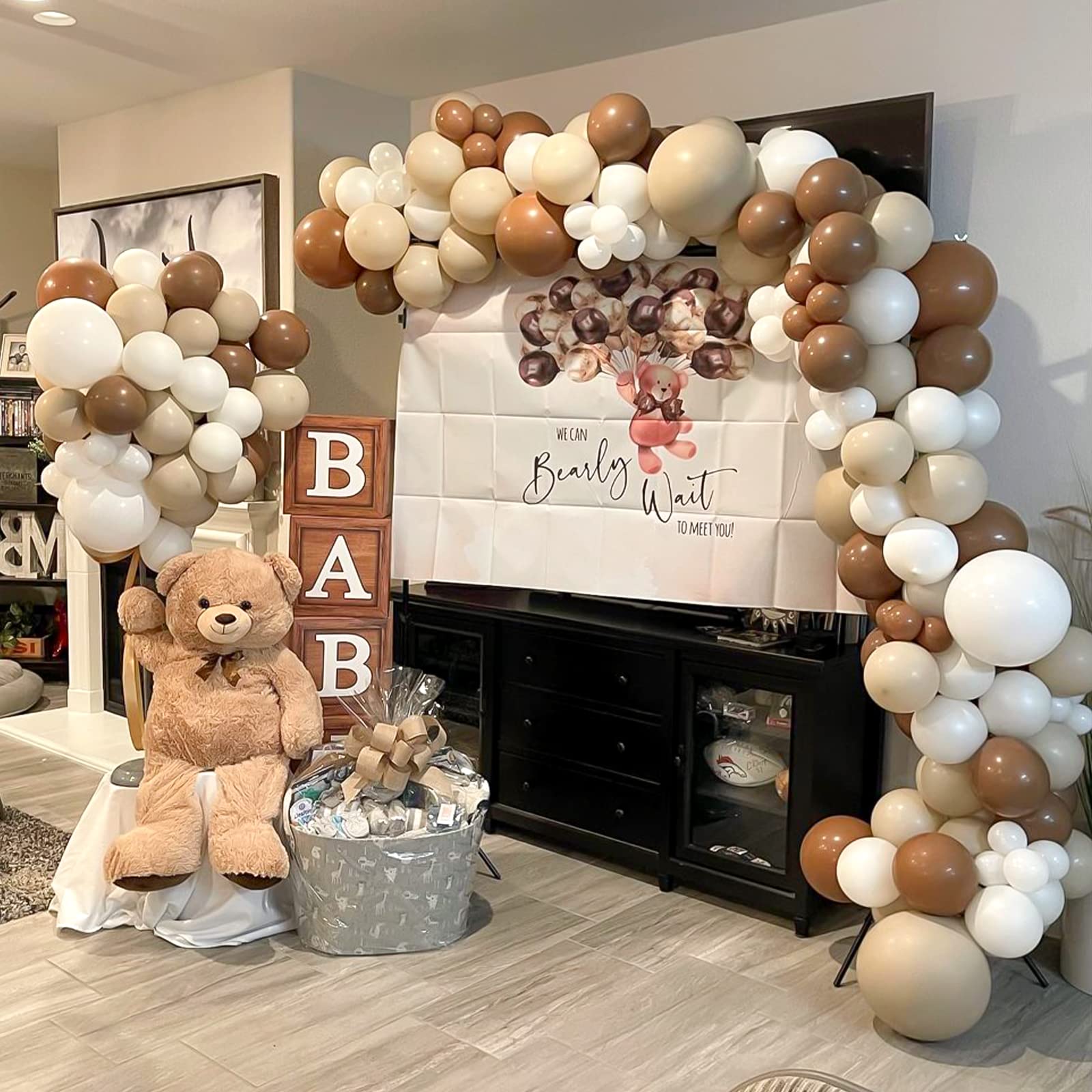 RUBFAC 276pcs Brown Balloons Garland Arch Kit with Double-Stuffed Boho Coffee Brown Beige White Balloon for Teddy Bear Baby Shower Jungle Safari Party Birthday Decorations