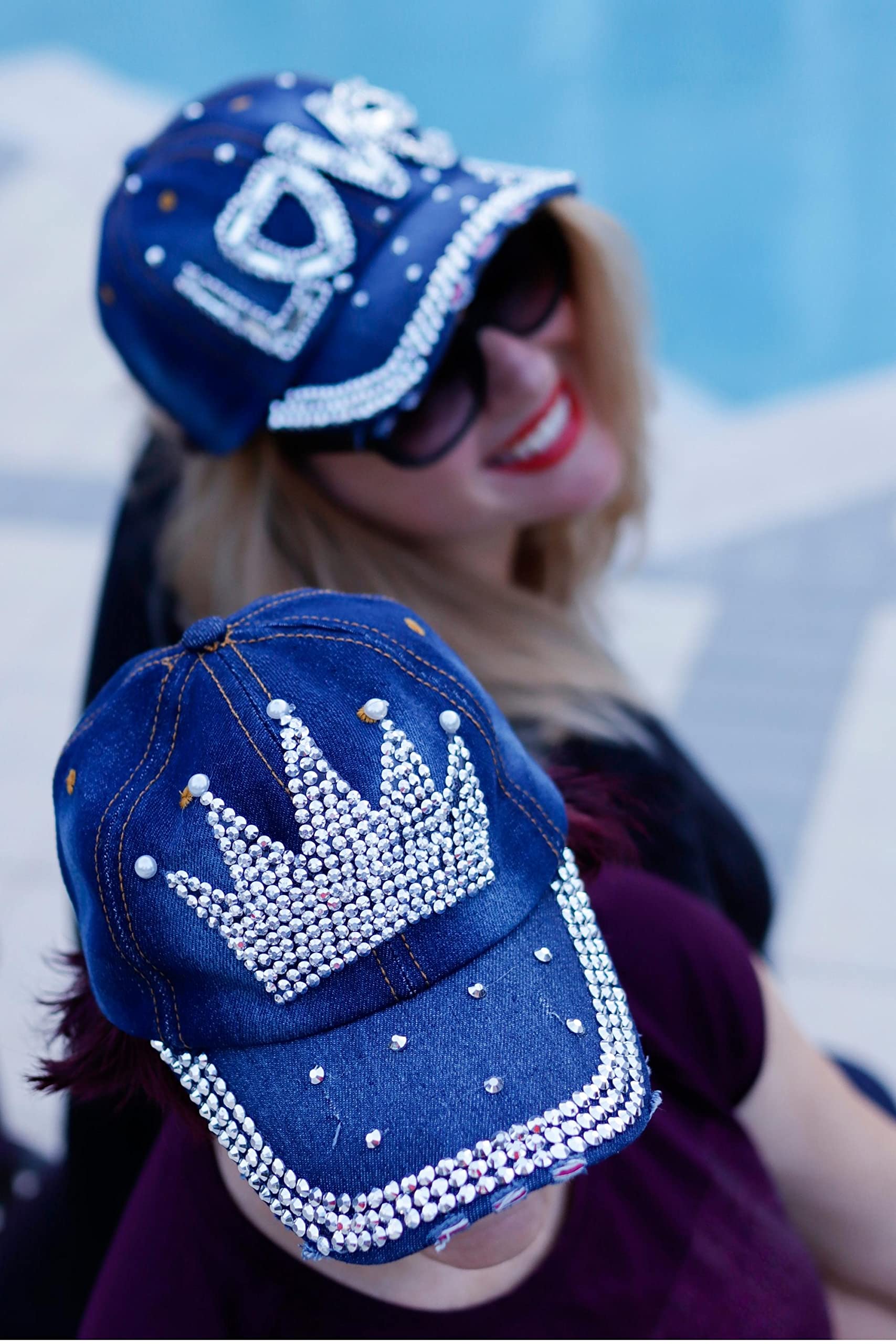 Popfizzy Bling Crown Baseball Cap for Women Rhinestone Hat, Bedazzled Baseball Caps, Distressed Hat, Fancy Bejeweled Hats, Sparkle Studded Denim Ball Caps (Crown)